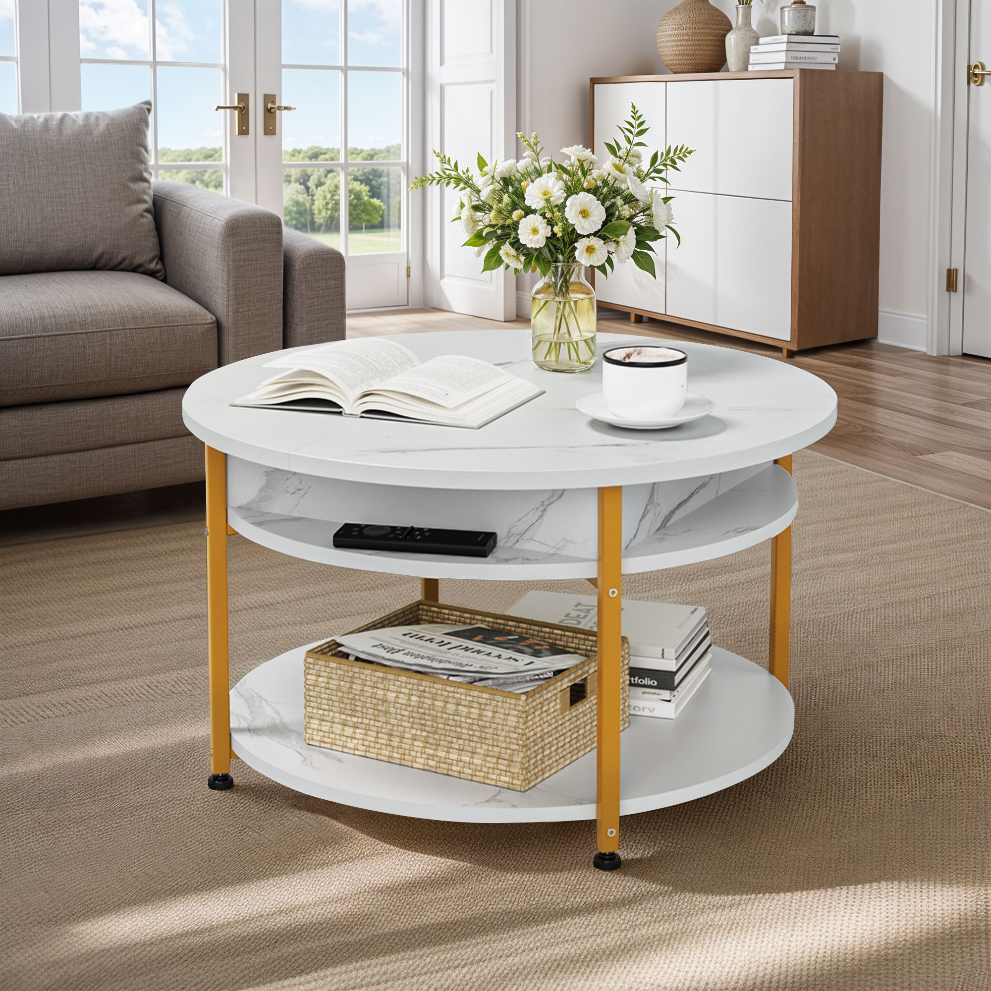 Mercer41 Multifunction Lift Top Round Coffee Table with Metal Base ...