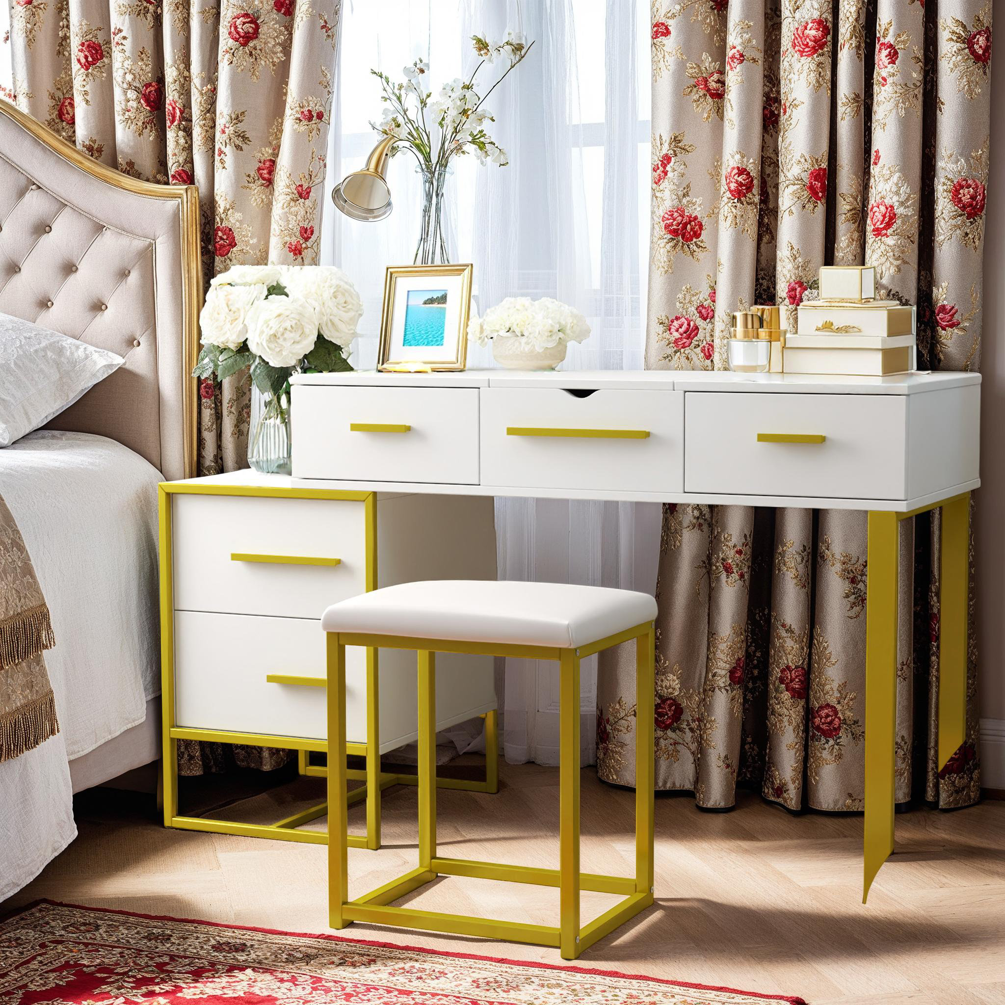 Mercer41 Compact Vanity Table with 4 Drawers, Makeup Vanity Set ...