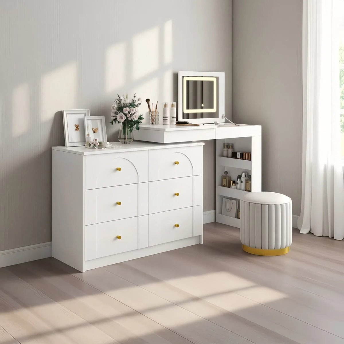 Everly Quinn Convertible L-Shape Vanity Desk With Mirror, LED Lights ...