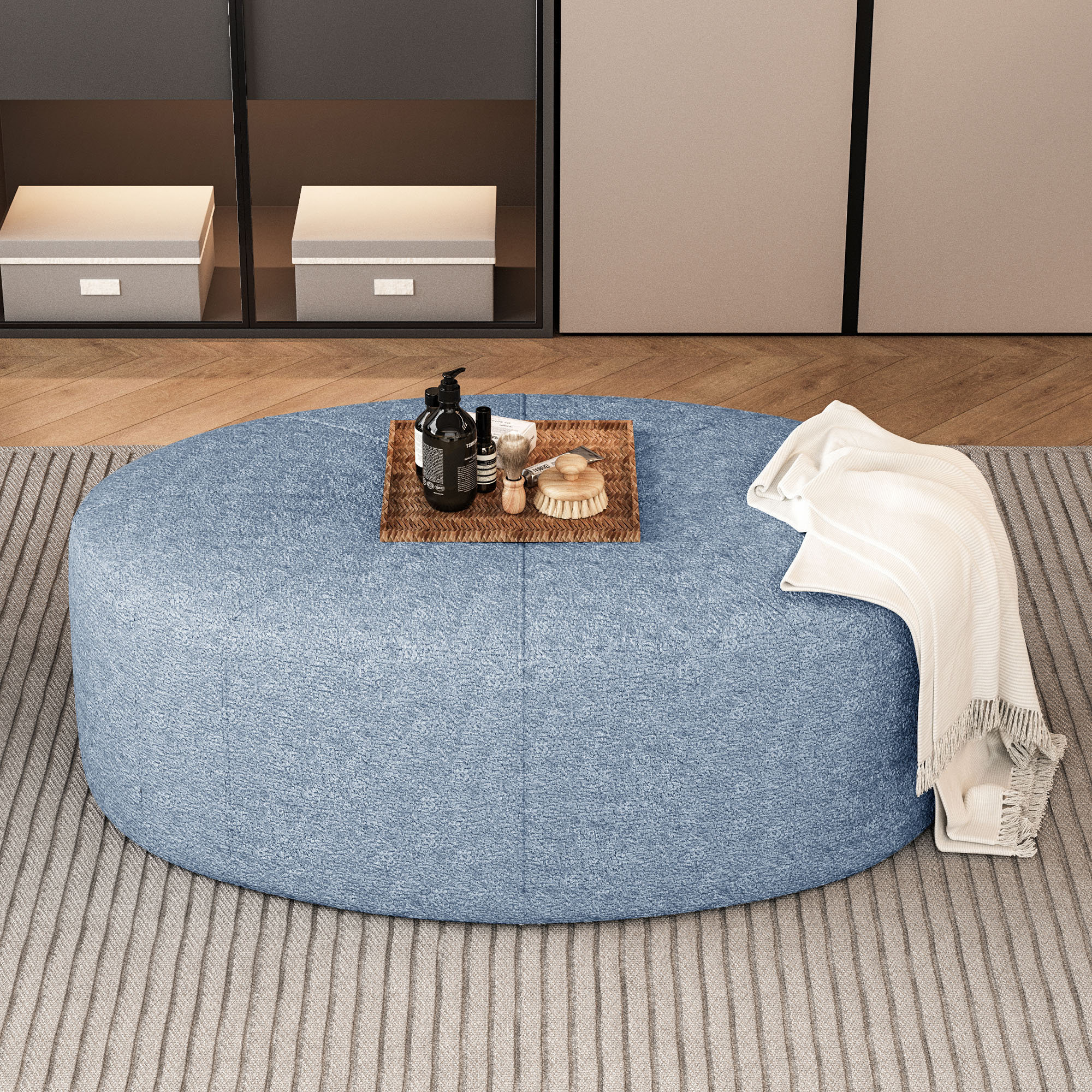 Latitude Run® Chenille Pouf Ottoman, Round Stuffed Foot Stool With Foam ...