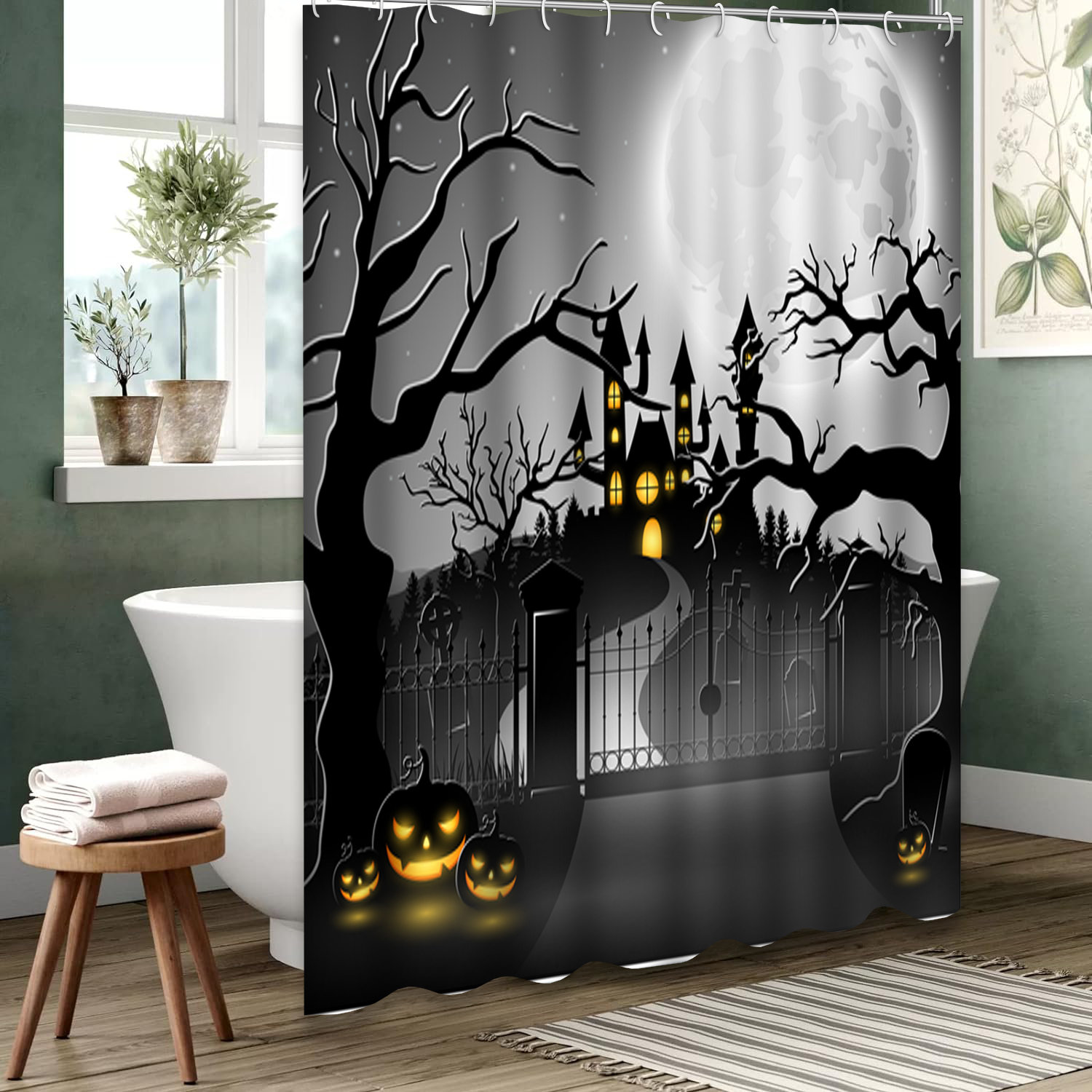The Holiday Aisle® Autumn Dark Waterproof Shower Curtain,Creepy with Castle and Pumpkins Autumn ...