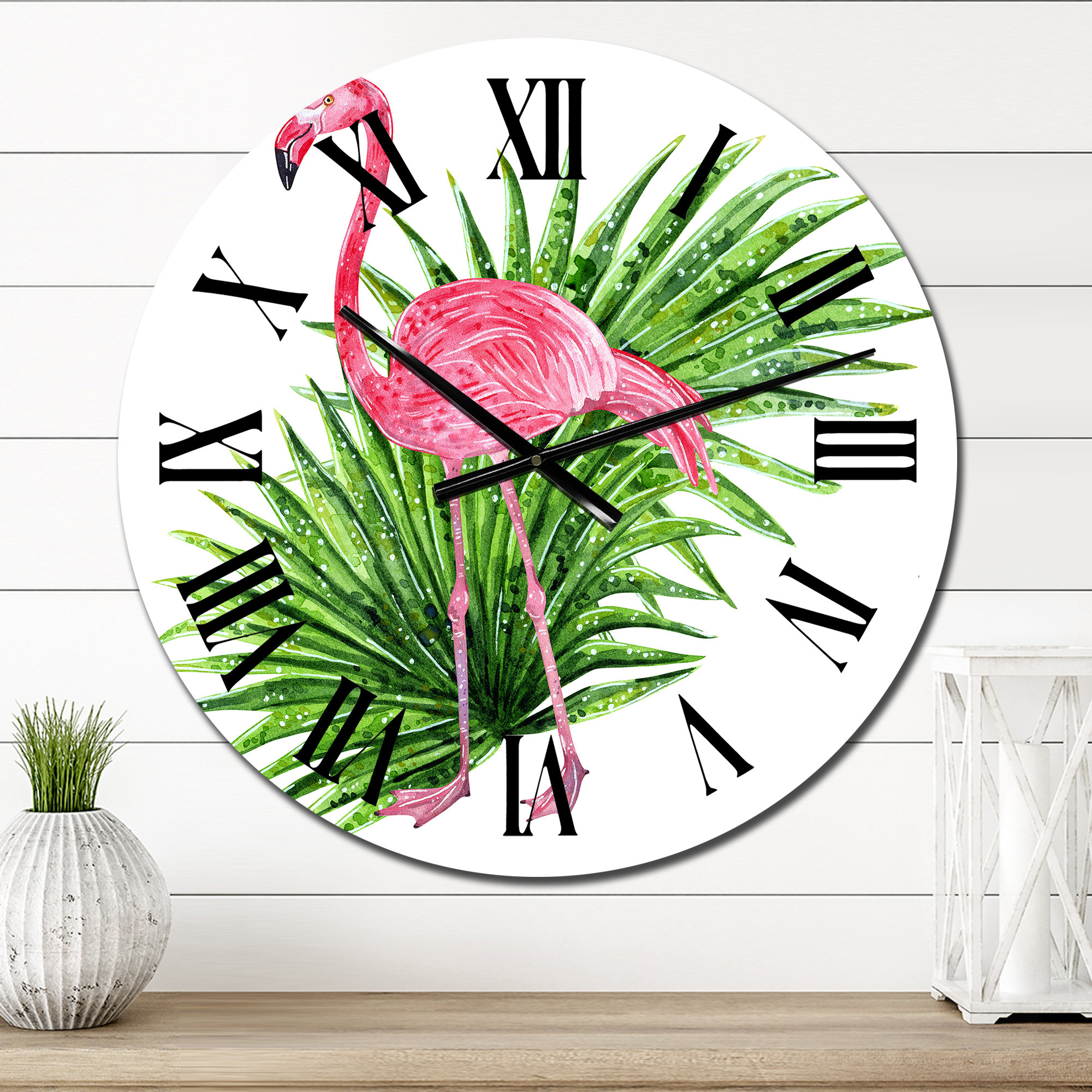 East Urban Home Tropical Collage with Leaves and Pink Flamingo ...