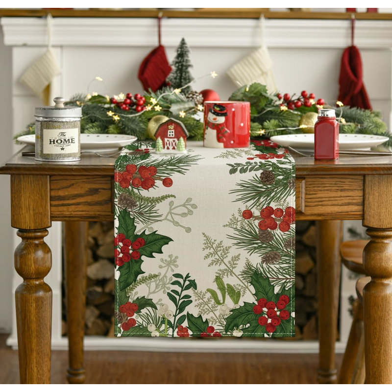 The Holiday Aisle® Holly Pine Cone Christmas Table Runner | Wayfair