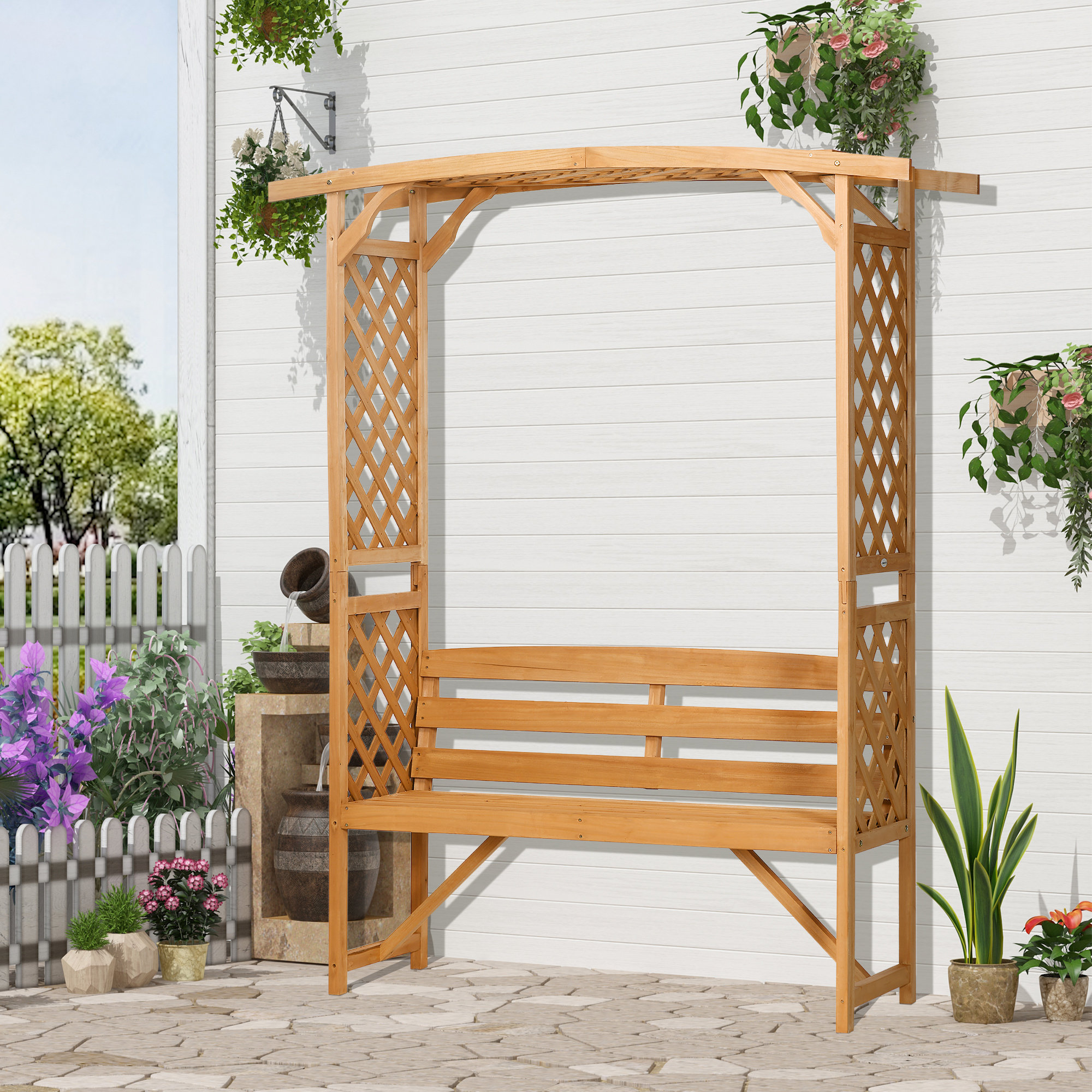 Gracie Oaks Patio Garden Bench, Arch Pergola with Natural Wooden Garden ...
