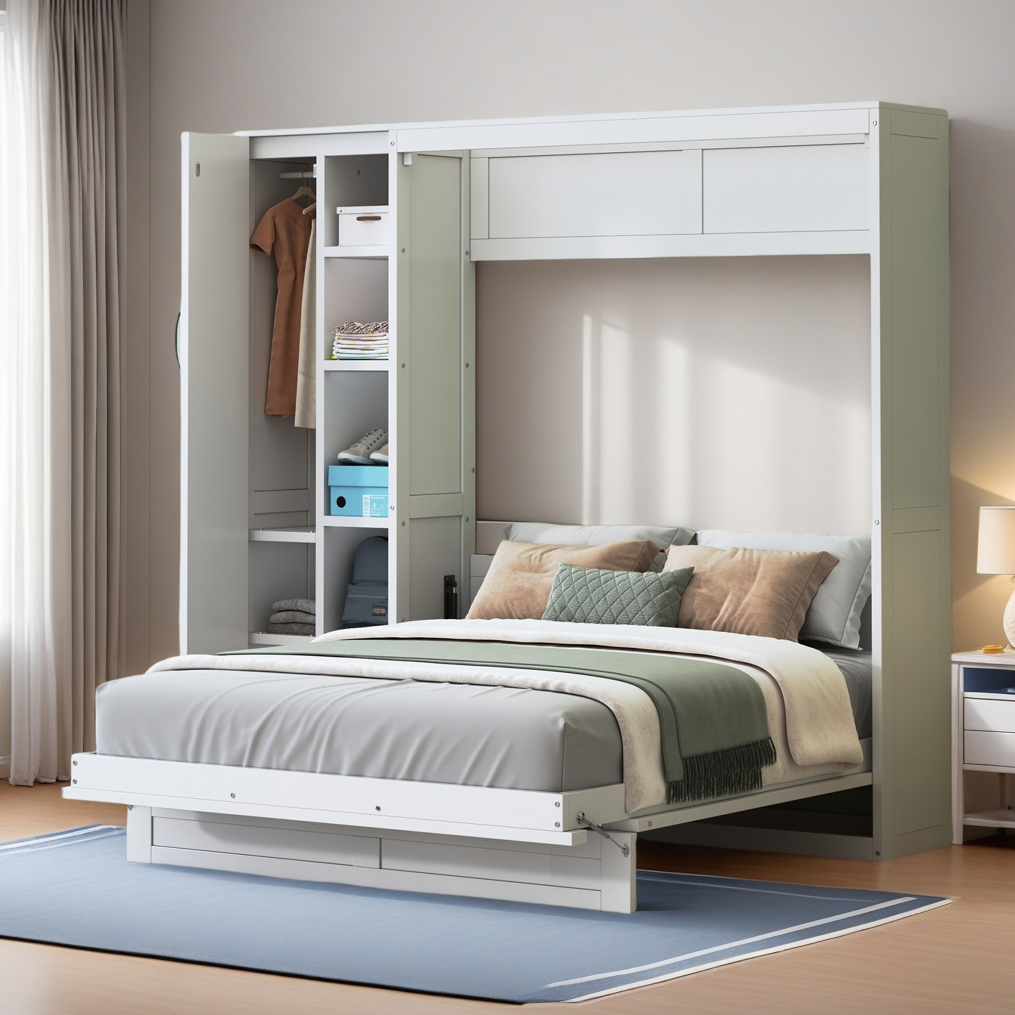 Orren Ellis Full Size Murphy Bed Wall Bed With Shelves, Wardrobe And LED Lights - Wayfair Canada