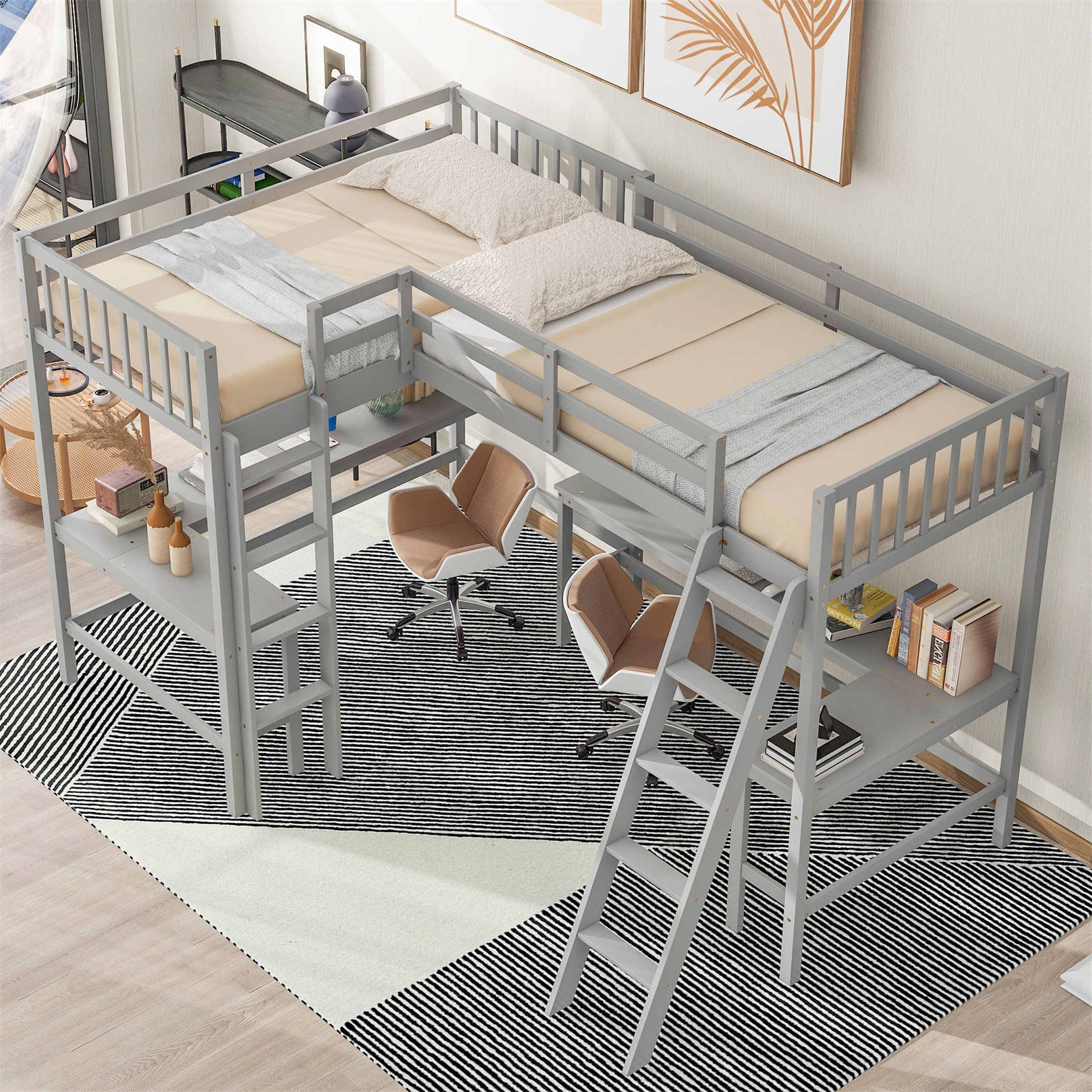 Harriet Bee Versatile Wood L-Shaped Loft Bed with Integrated Desks for ...