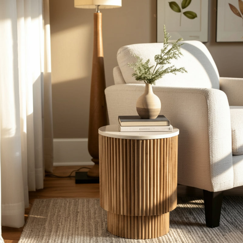 Ivy Bronx 20" Ribbed Pedestal Table Marble Top, White | Wayfair