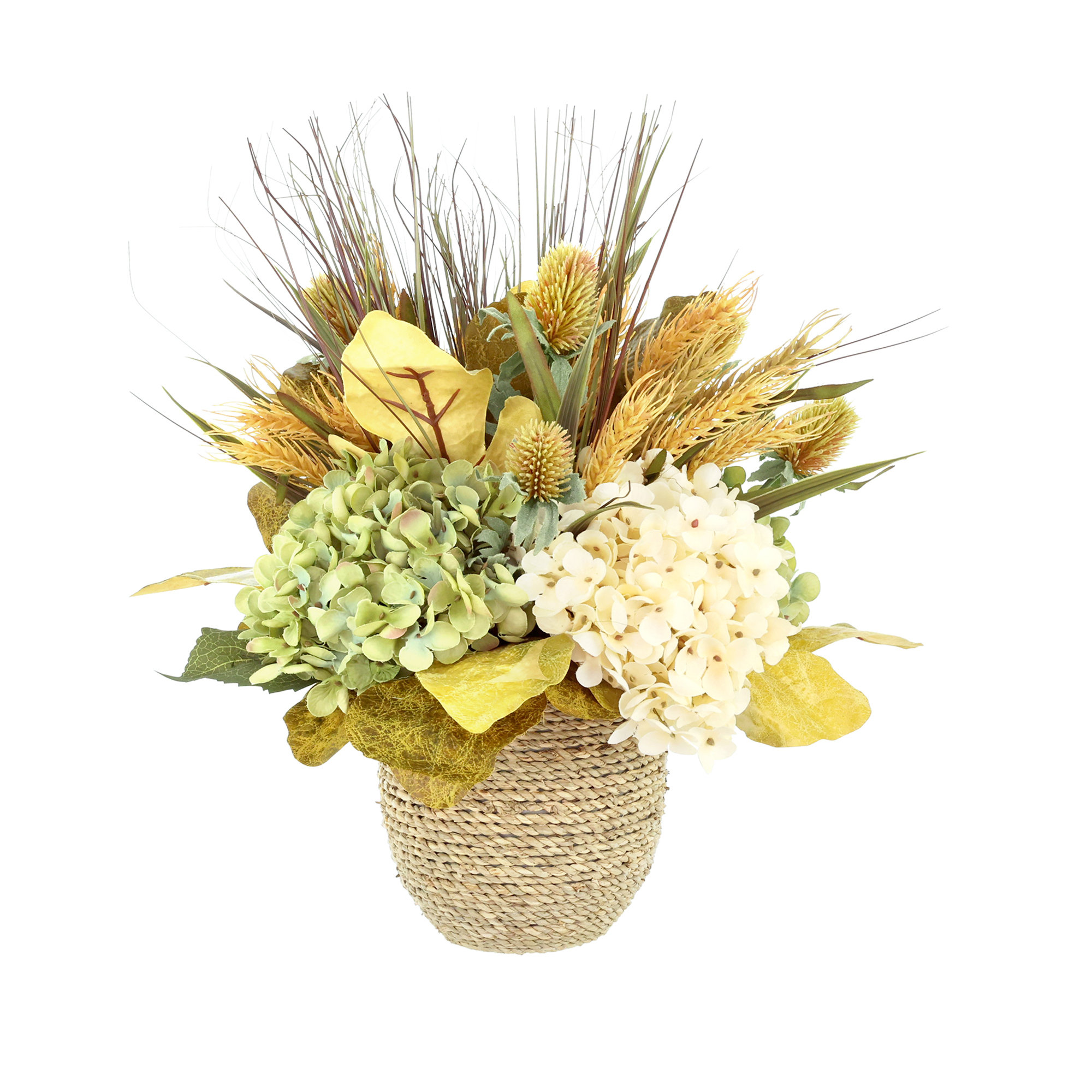 Primrue Fall Arrangement with Hydrangeas and Thistle in a Rope-Wrapped ...