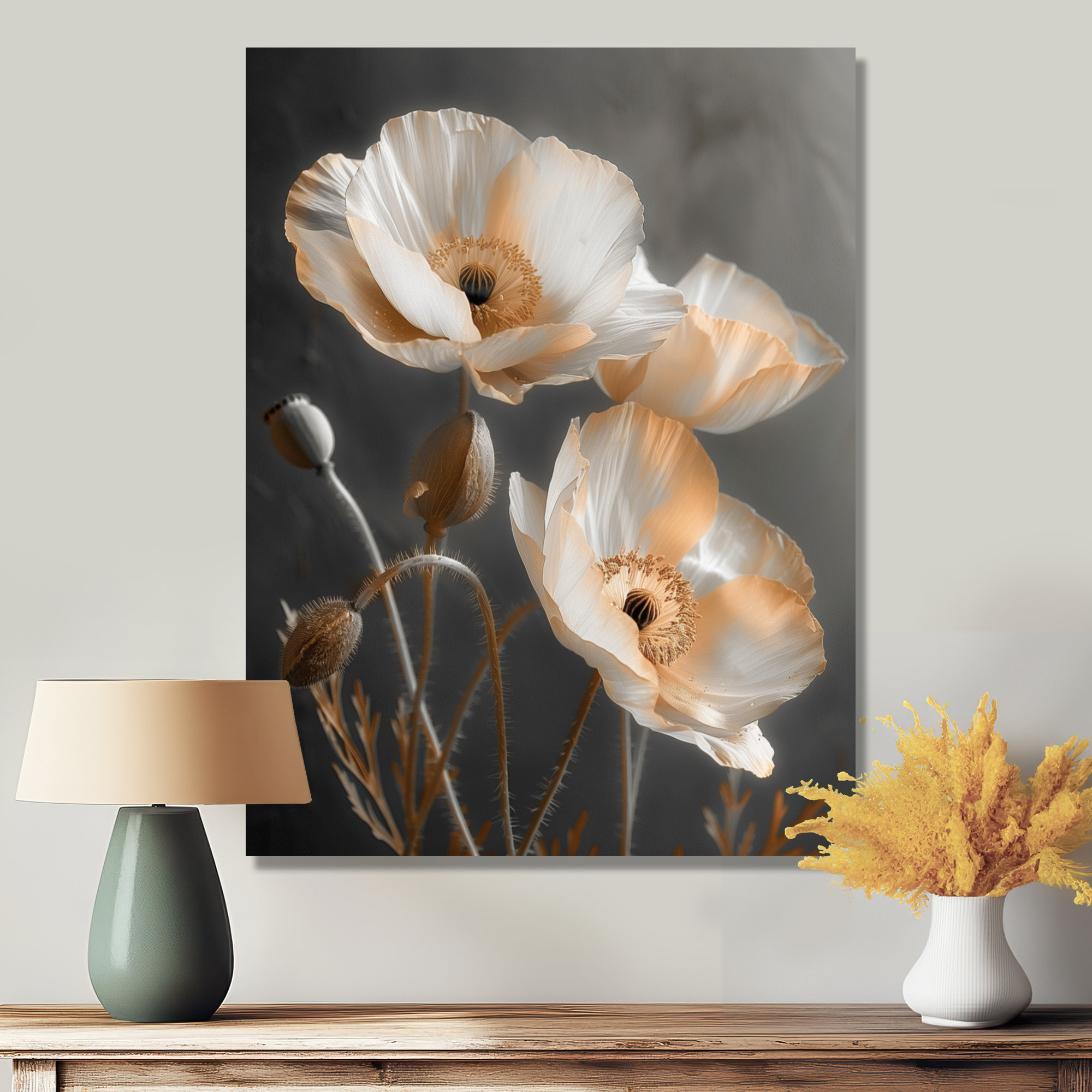 Ebern Designs White Grey Vintage Glamour Poppies - Poppies Wall Decor ...