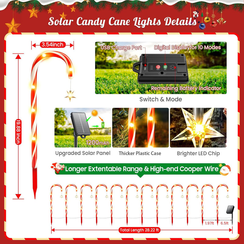 The Holiday Aisle® Jalie Solar Powered Christmas Candy Cane Lights ...