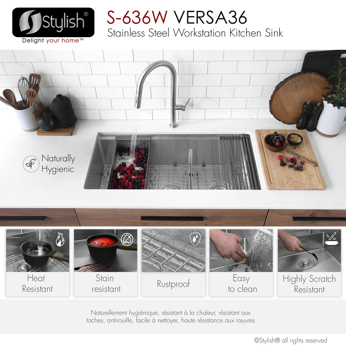 Stylish Versa Undermount 36'' Stainless Steel Double-Bowl Kitchen Sink ...