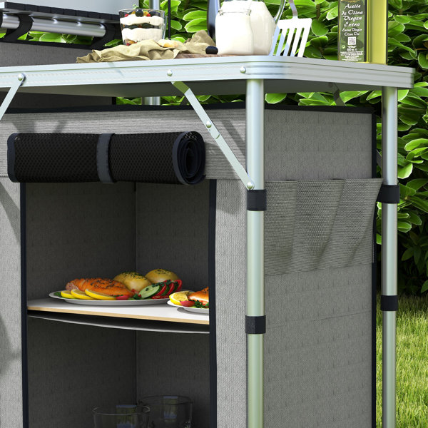 Outsunny Folding Camping Kitchen with Windshield Fabric Cupboards Grey ...