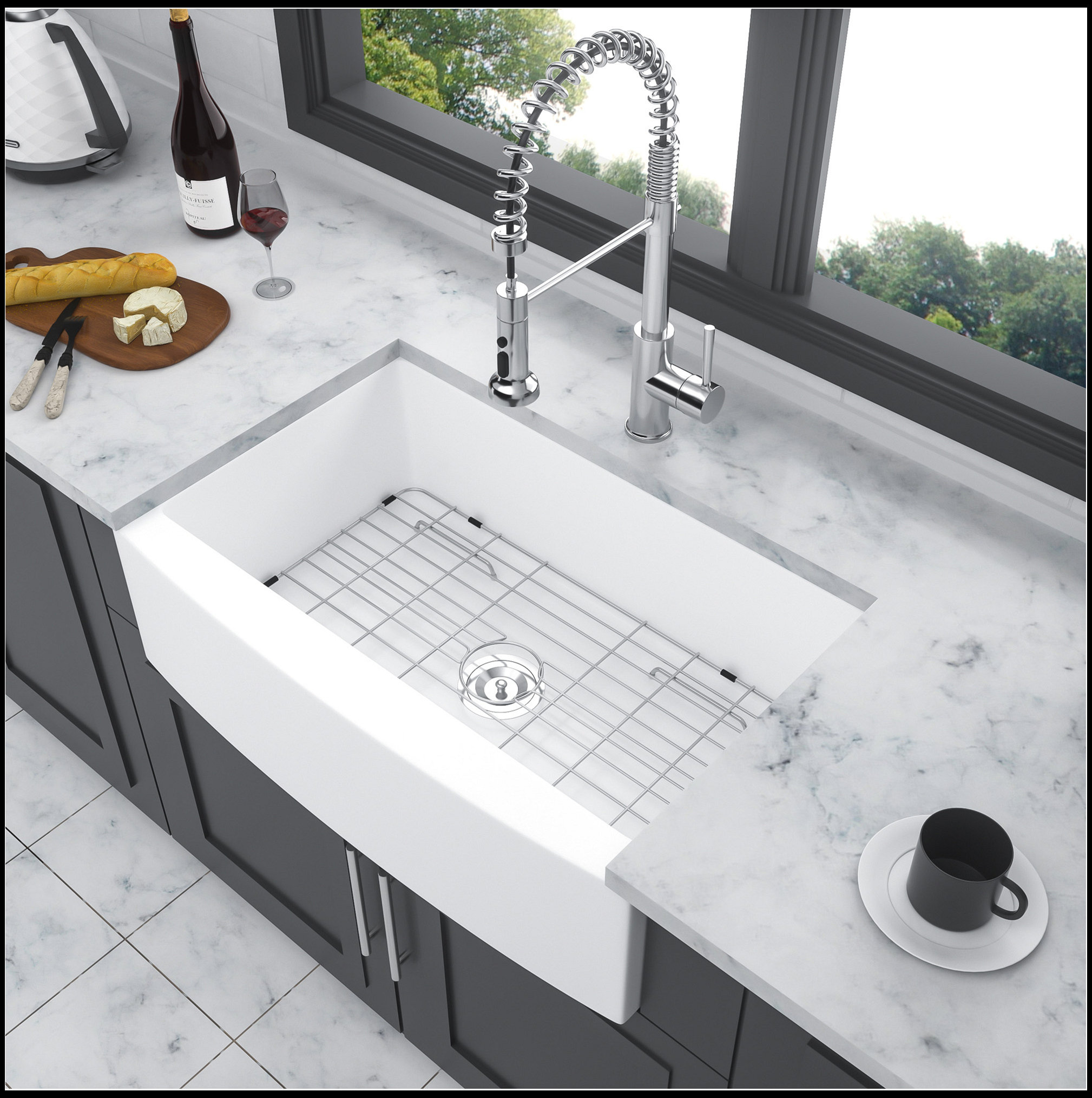 KUNMINGZHUHE White Farmhouse Sink - Kitchen Sink Ceramic Arch Edge ...