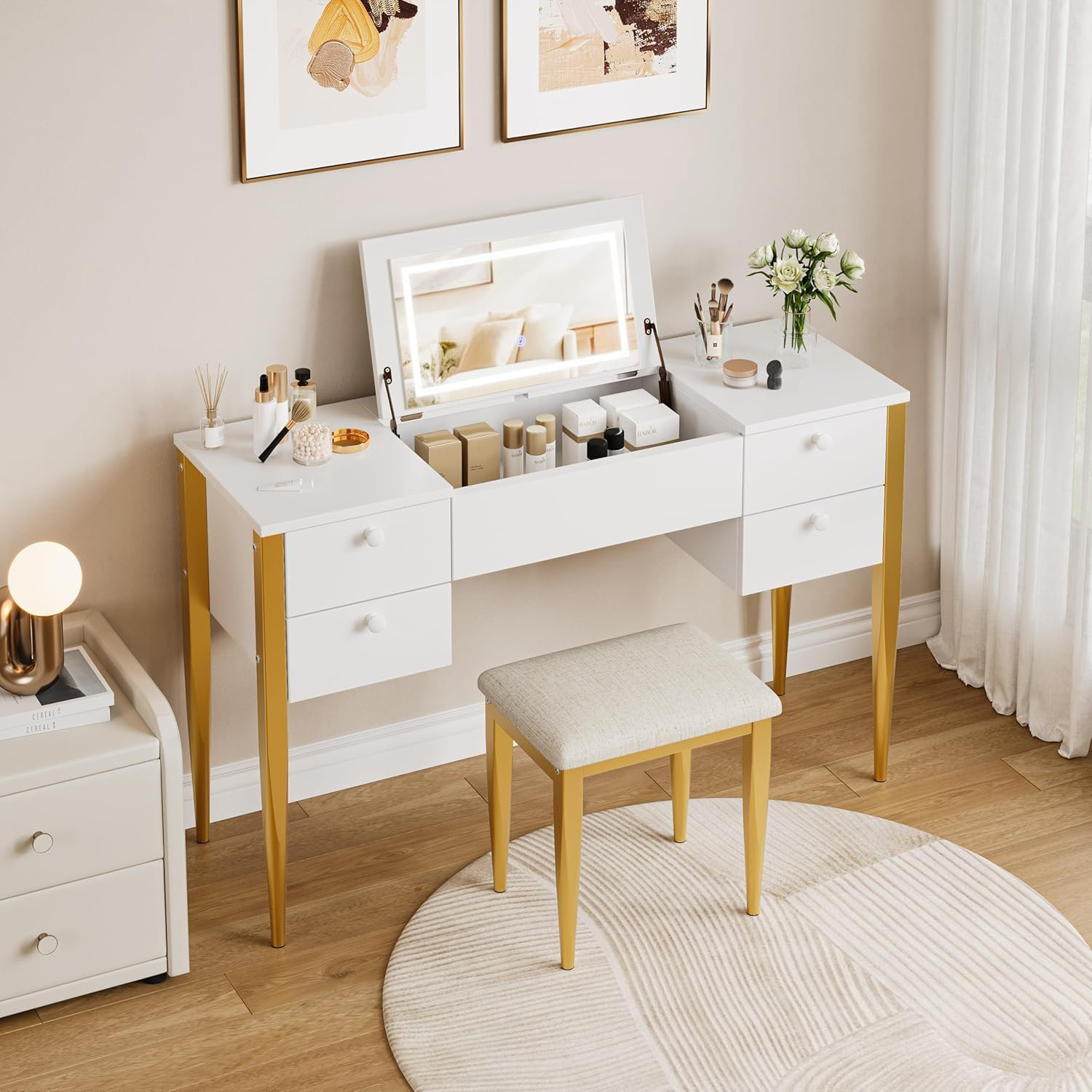 Ivy Bronx Makeup Vanity Desk With Flip Top Mirror And Lights - Wayfair ...
