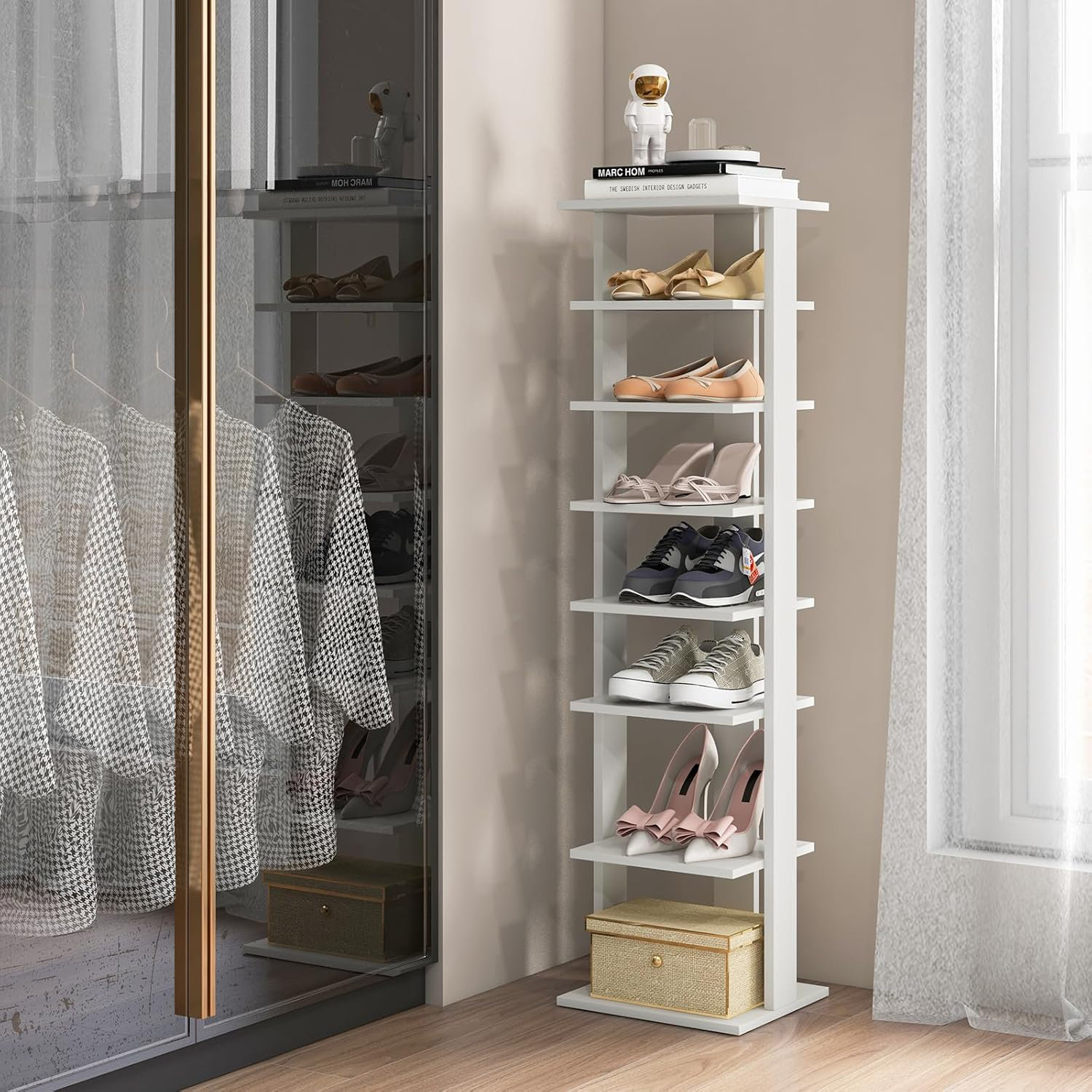 Ebern Designs 8 Tiers Vertical Shoe Rack, Patented Space Saving Corner ...