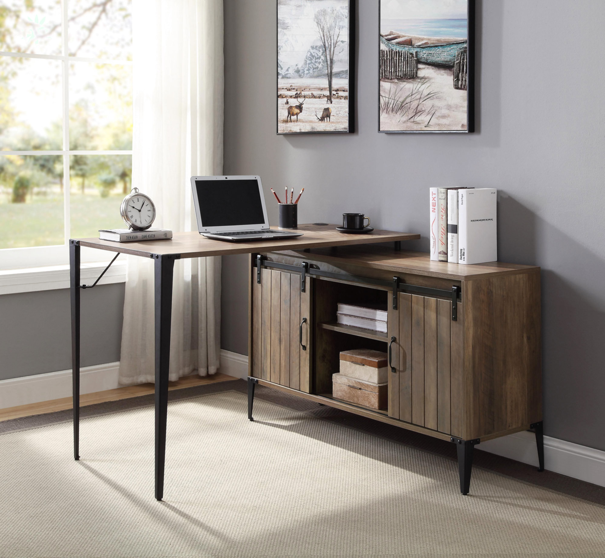 Gracie Oaks Winiferd L-Shaped Solid Wood Top Metal Base Computer Desk ...