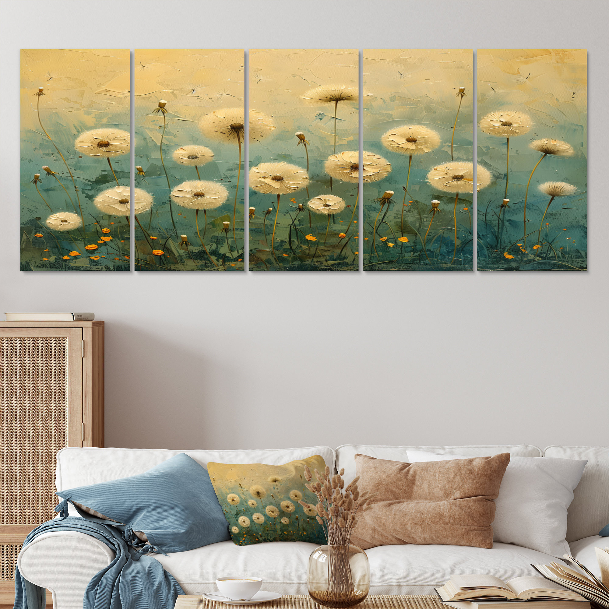 August Grove® Beige Blue Spring Dandelion Collage I - Dandelion Wall ...