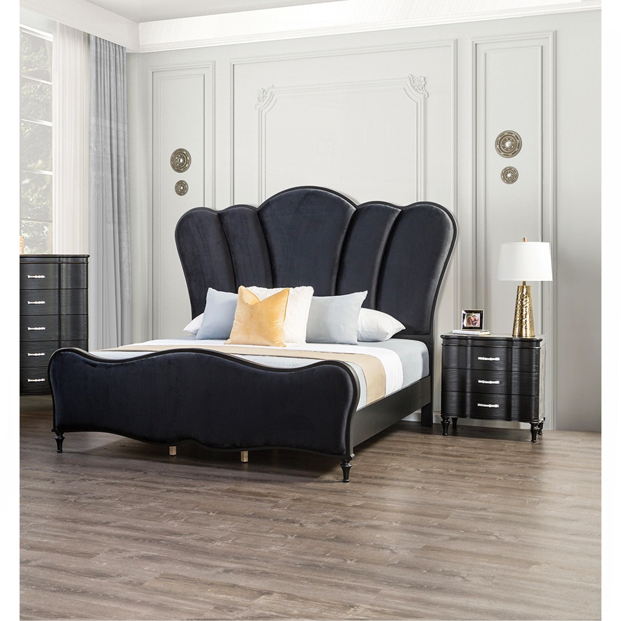Everly Quinn Lovely Attractive Bedroom 3Pc Set Queen Size Bed 2X Nightstands Black Fabric Padded ...