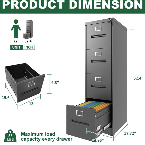 Inbox Zero 4 Drawer, Vertical File Cabinet, Lock, A4 Letter/Legal Size ...