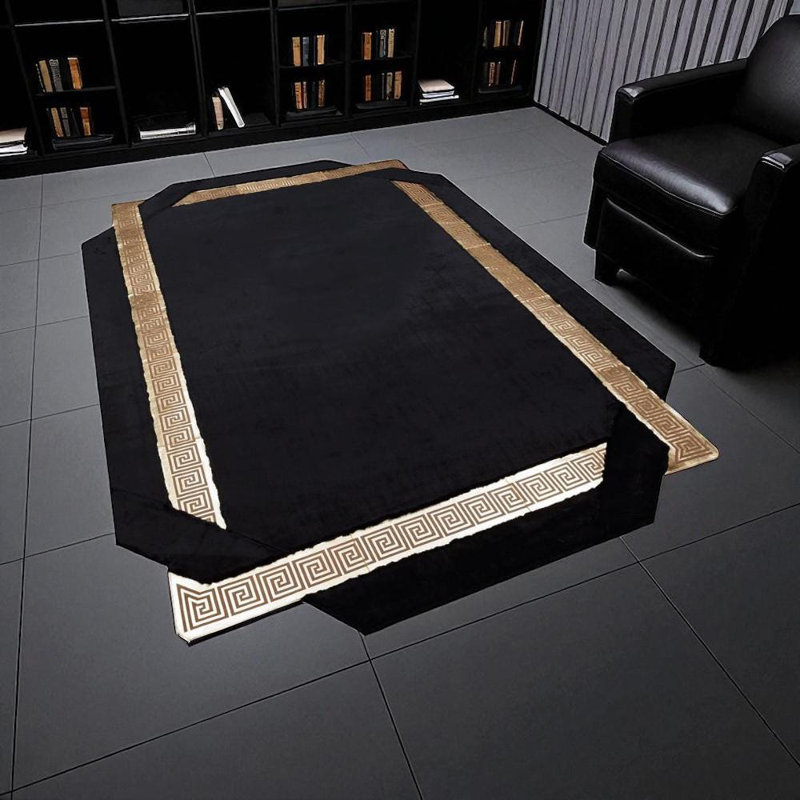 Bungalow Rose Black Gold Greek Border Plush Rug, Custom Size Soft ...