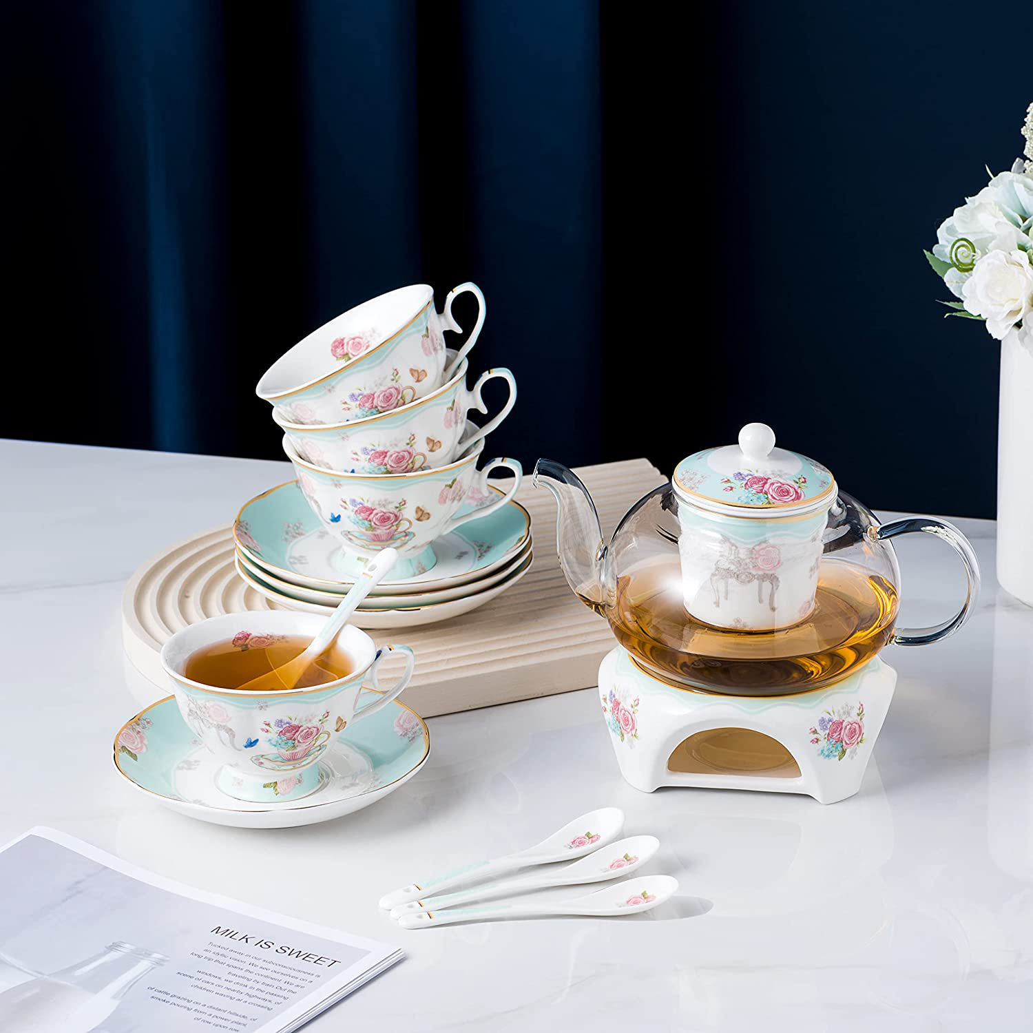 House of Hampton® Vintage Light Blue Floral Fine China Tea Sets-Coffee ...