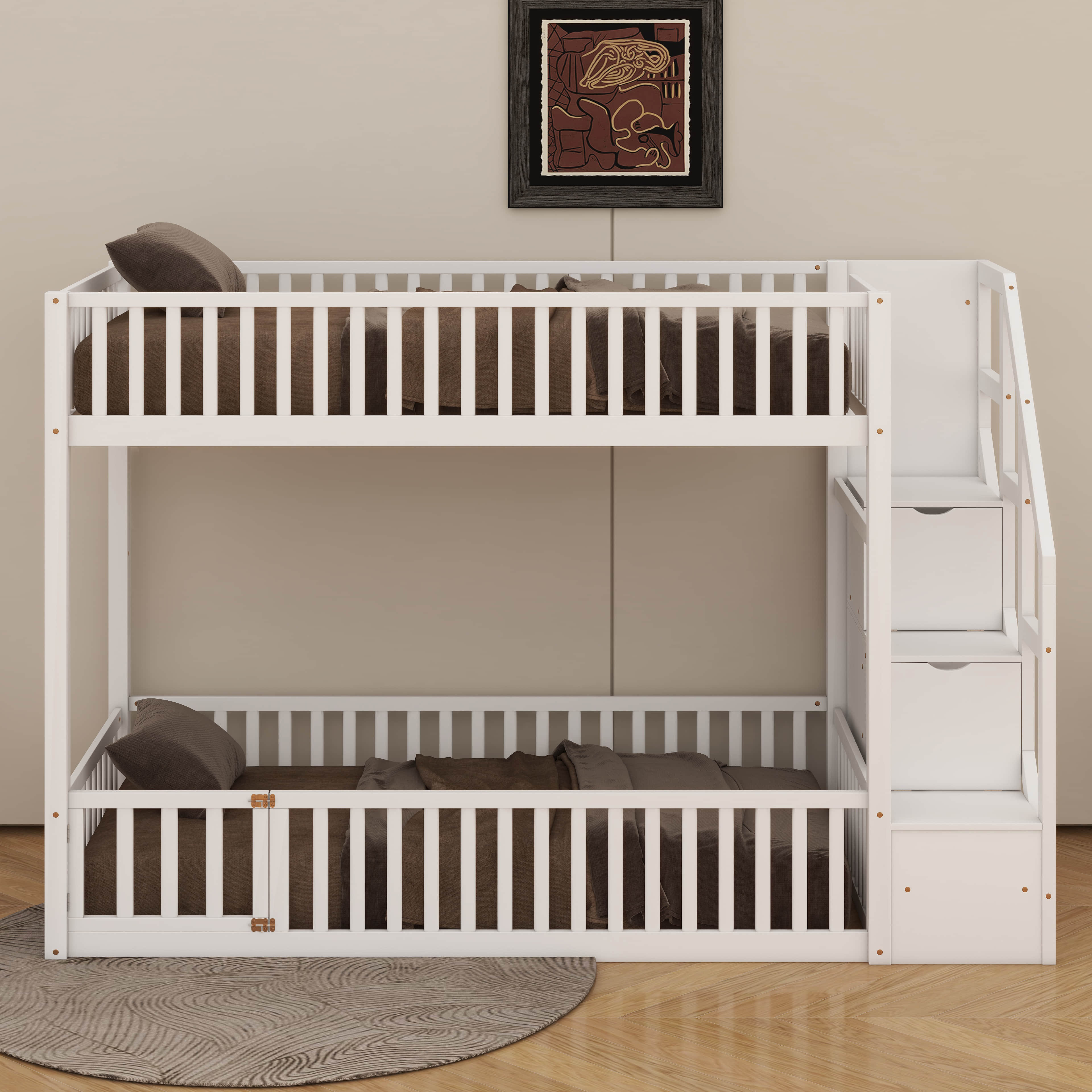 Harriet Bee Twin Over Twin Floor Bunk Bed - Storage-Integrated Ladder ...