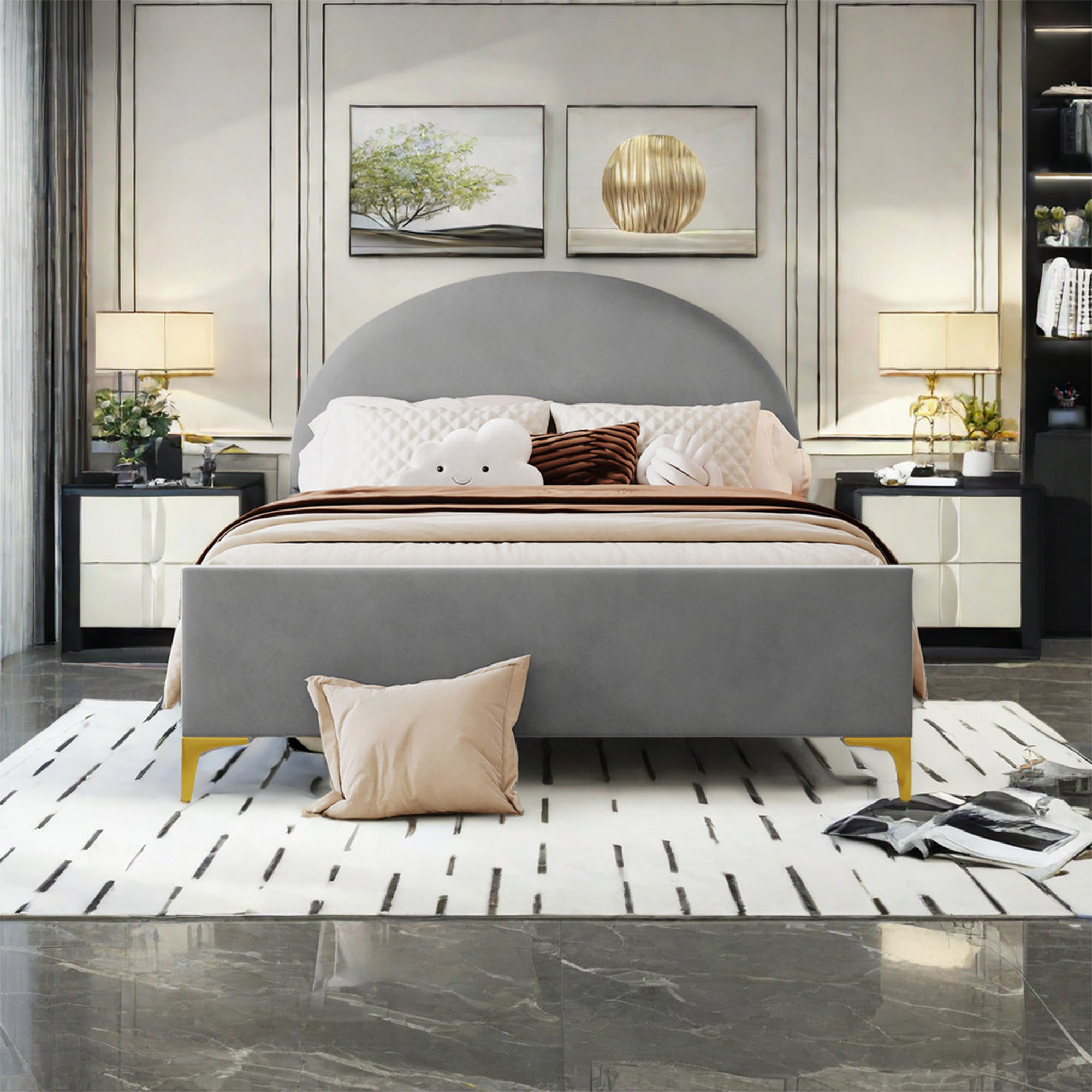 Mercer41 Raducan Upholstered Full Bed Frame With Semi-Circle Headboard ...