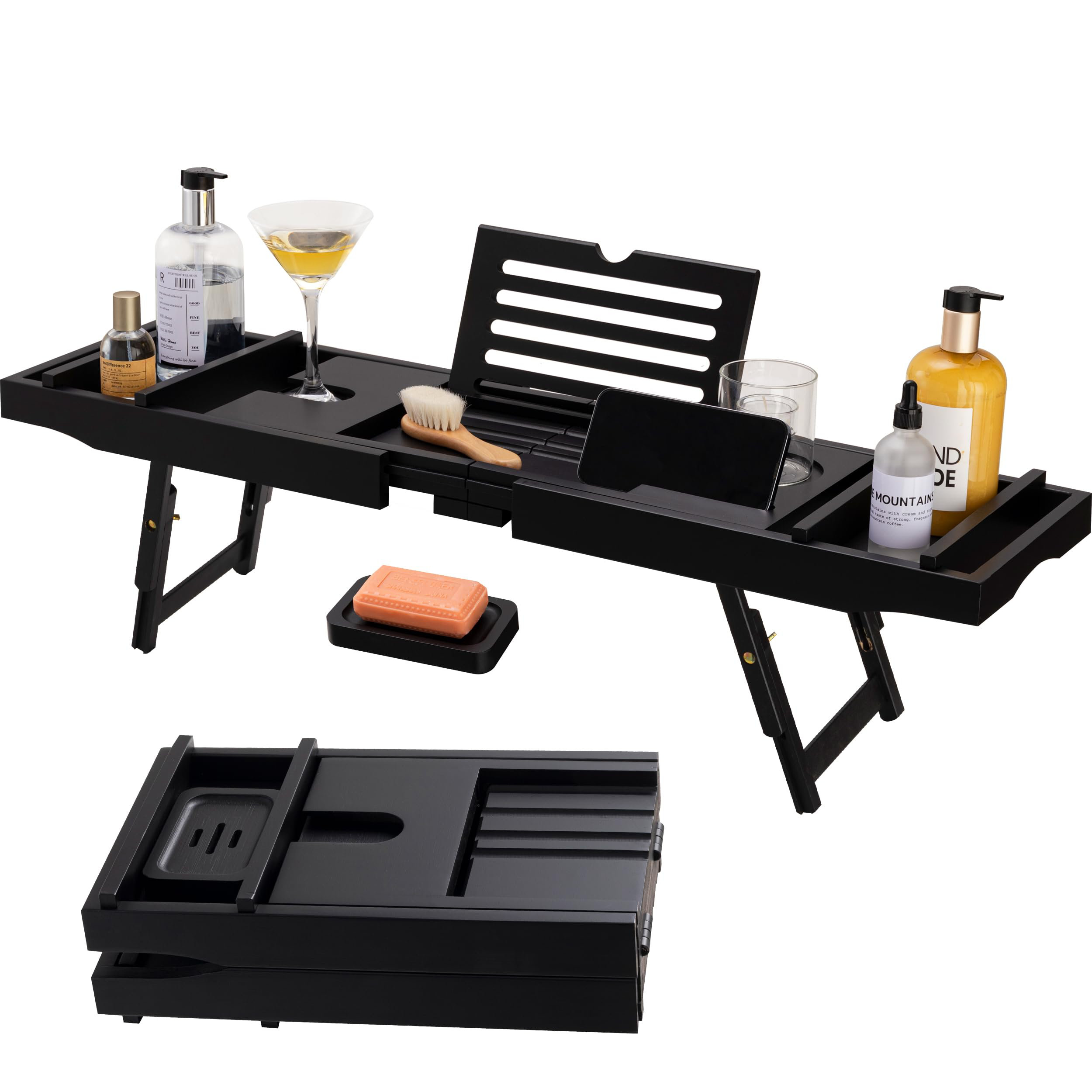 Latitude Run® Bamboo Bathtub Tray, Foldable With Folding Slide-Out Arms ...