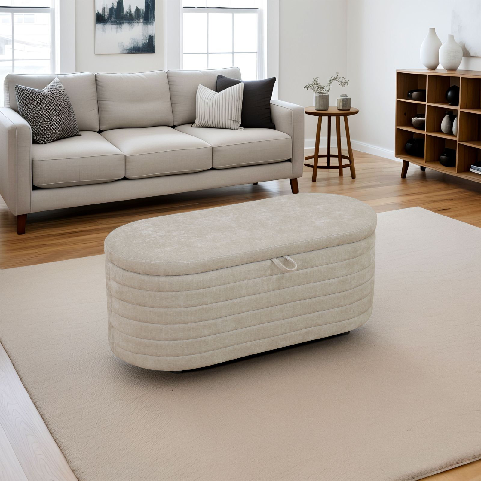 Ebern Designs Upholstered Living Room Low Ottoman, Beige | Wayfair