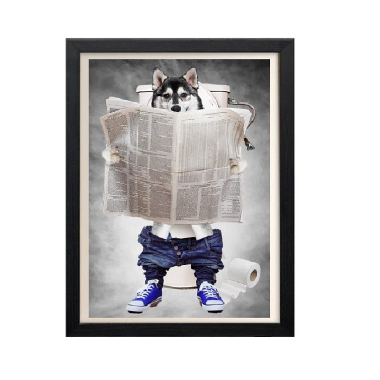 Happy Larry Pomsky On Toilet - Funny Bathroom Print - Dog Picture - En ...