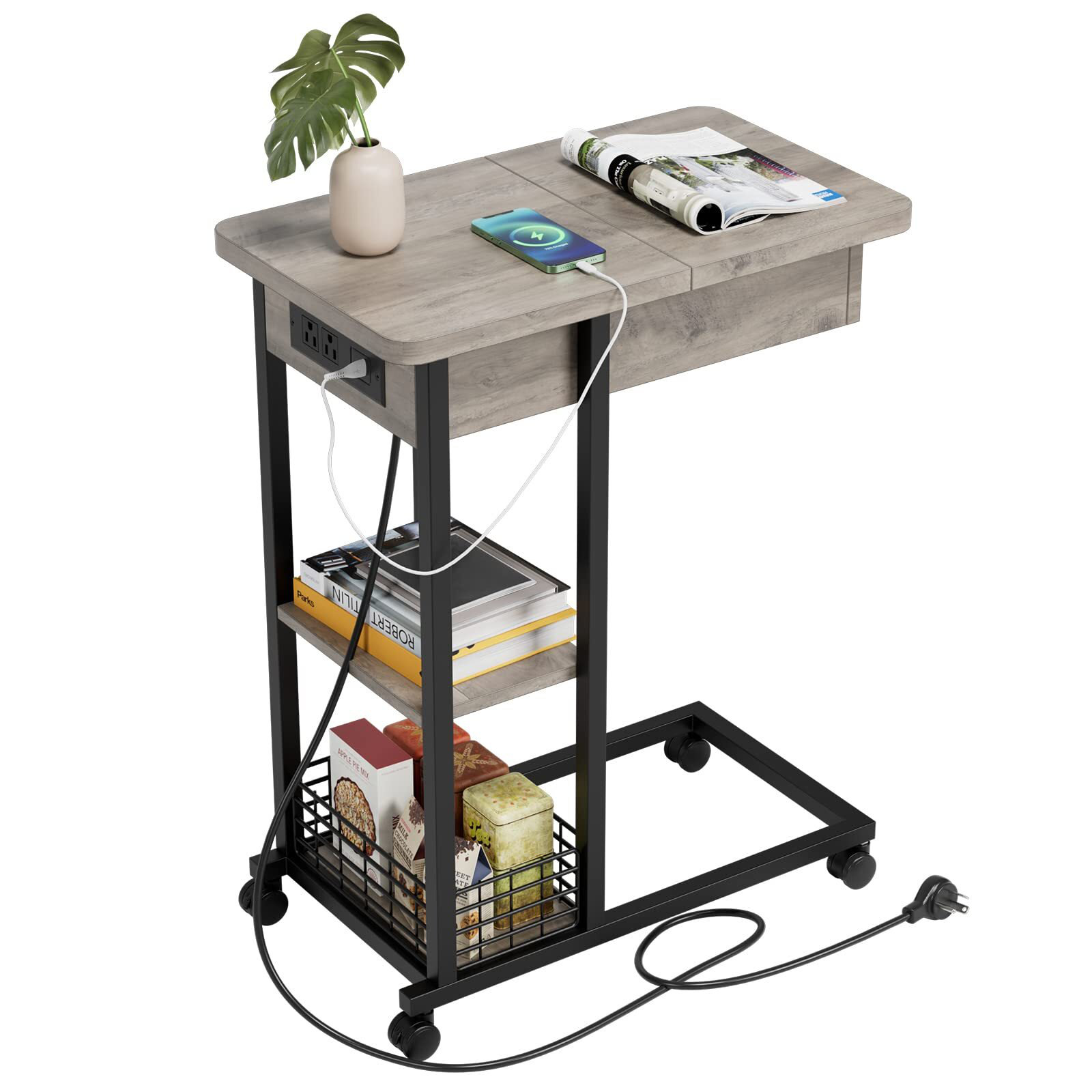 17 Stories C Shaped End Table With Charging Station | Wayfair