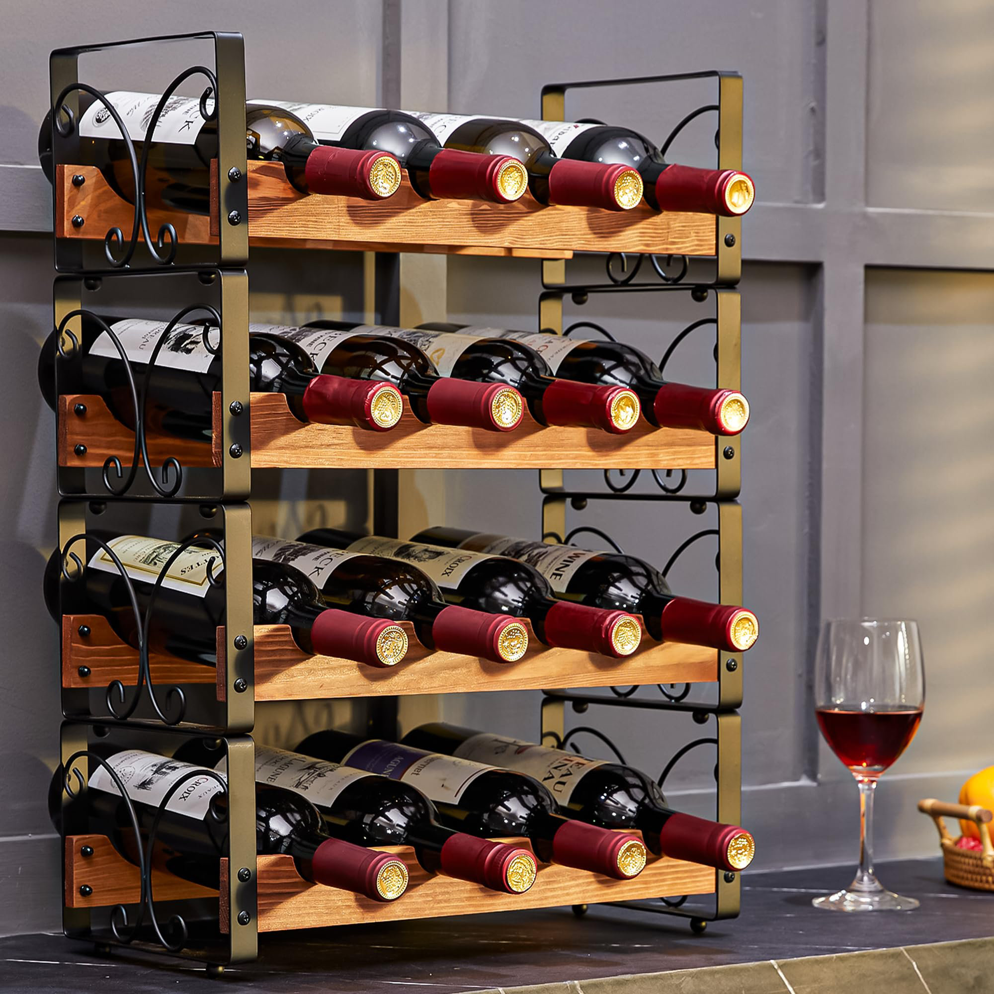 Williston Forge Stackable Wine Rack For 16 Bottles, 4 Tier, For Kitchen ...