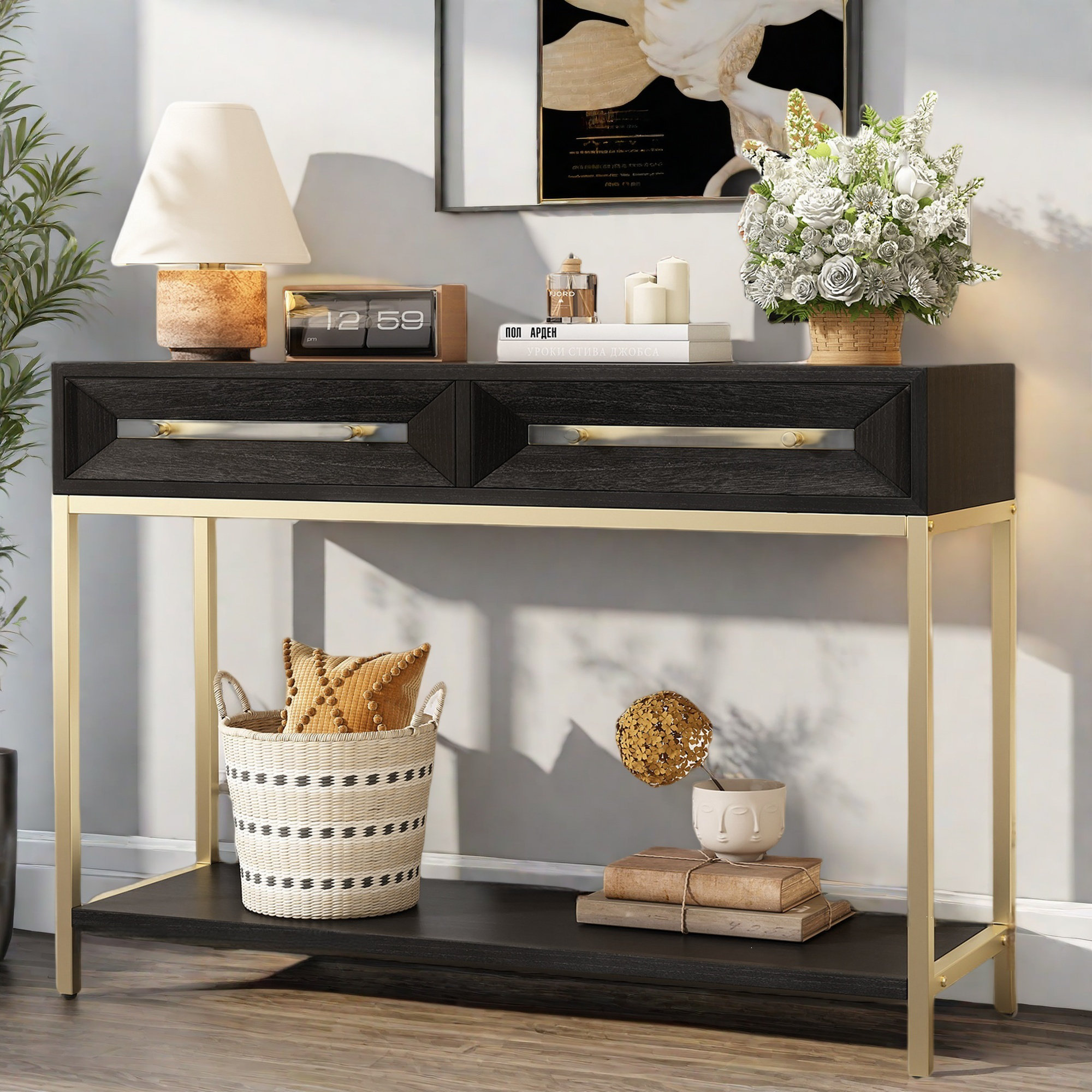 Mercer41 Retro Console Table With Two Drawers And Metal Frame | Wayfair
