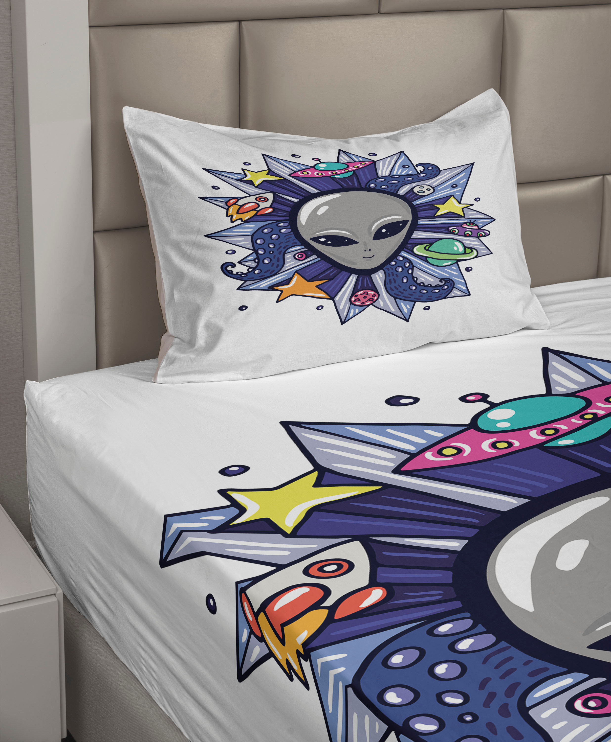 Ambesonne Alien Sheet Set UFO Stars Planets Cartoon Blue Violet Grey ...