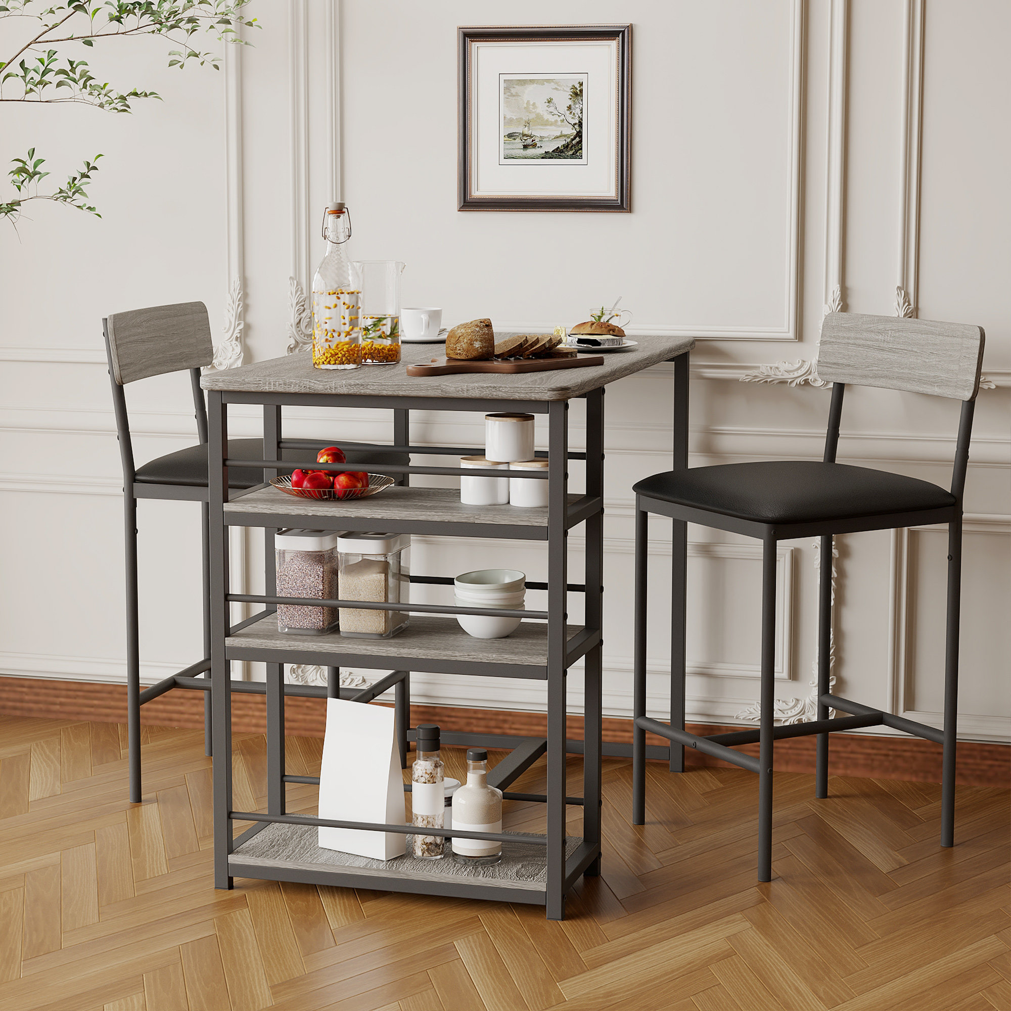 17 Stories 3 Piece Bar Table Set with Storage Shelves and Upholstered ...