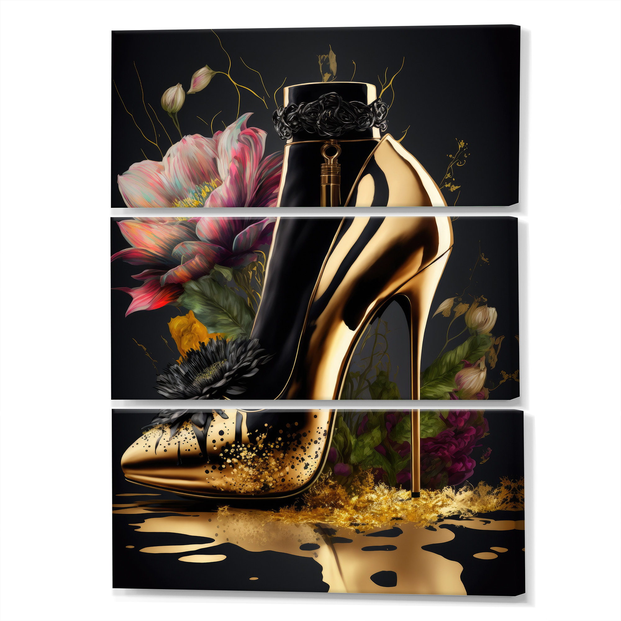 Everly Quinn Duson Golden Floral High Heel II On Canvas 3 Pieces Print ...