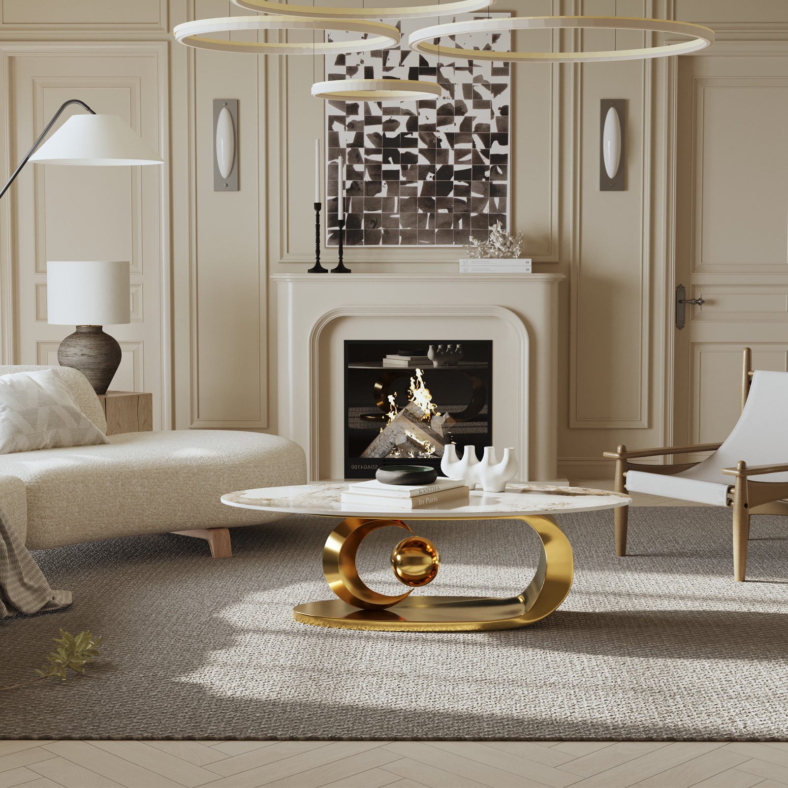 17 Stories 51.2" Oval Coffee Table with Faux Marble Top, Gold Stainless ...