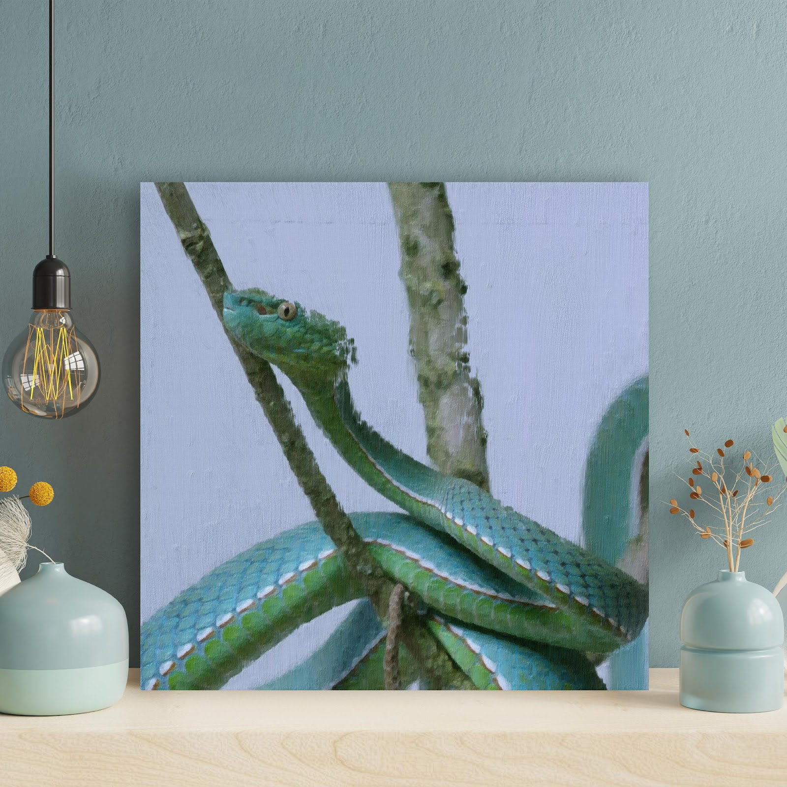 Latitude Run® A Tough Green Snake On Twig - Wrapped Canvas Painting ...