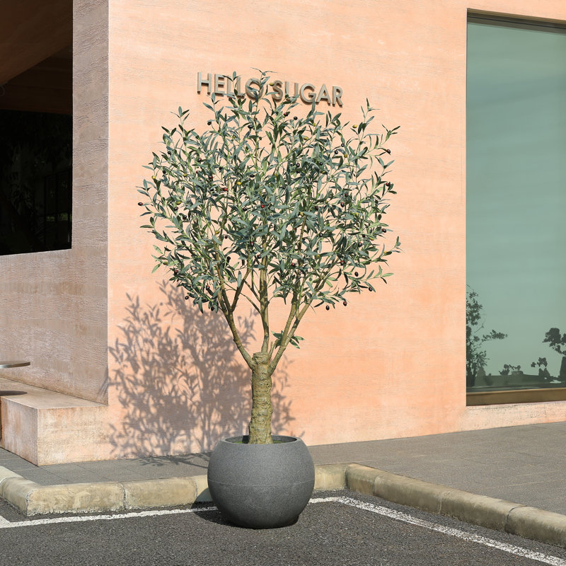 Primrue Adcock 7ft UV Resistant Fake Olive Tree with Grey Tall Planter ...