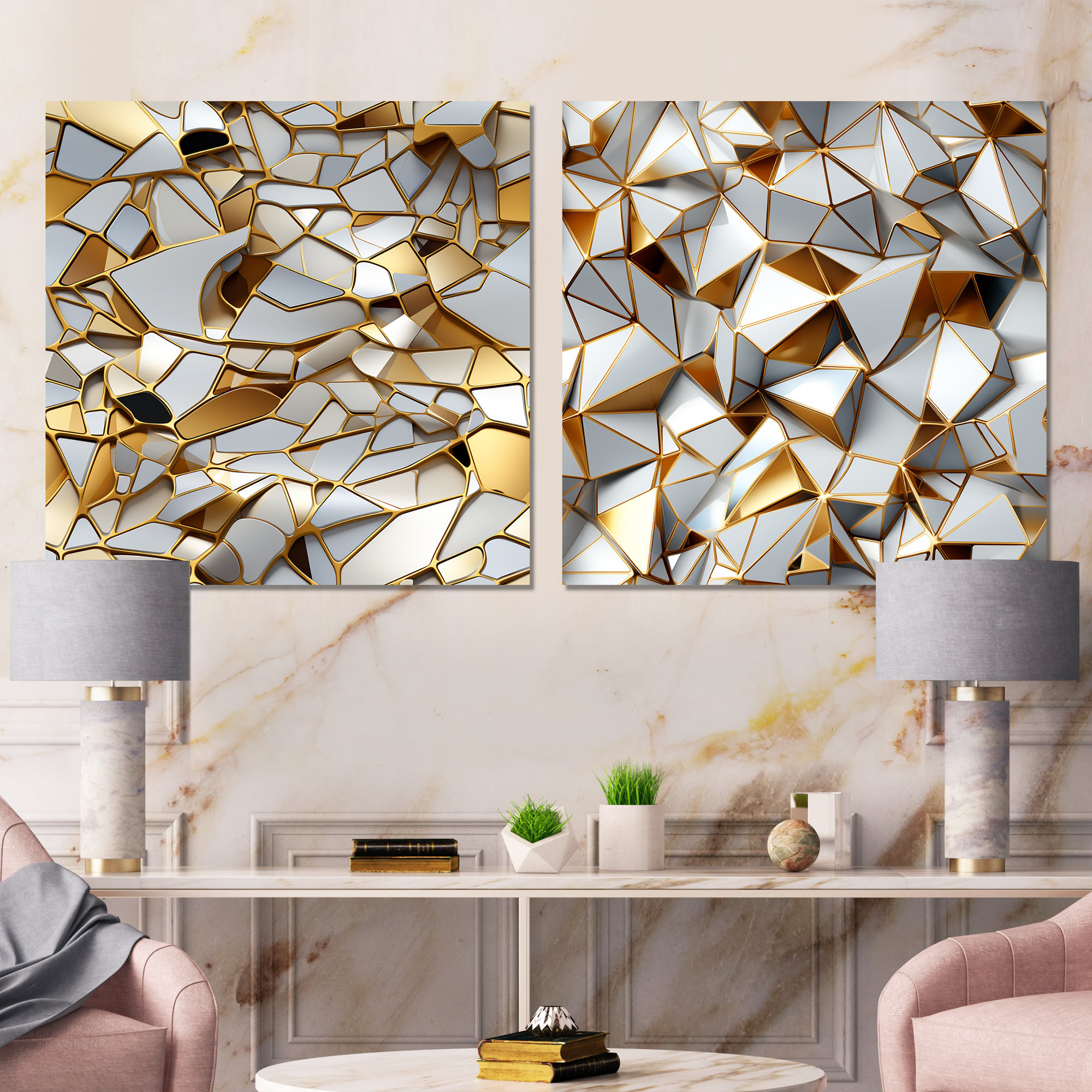 Design Art Gold And White Marble Opule - Abstract Shapes Metal Art ...