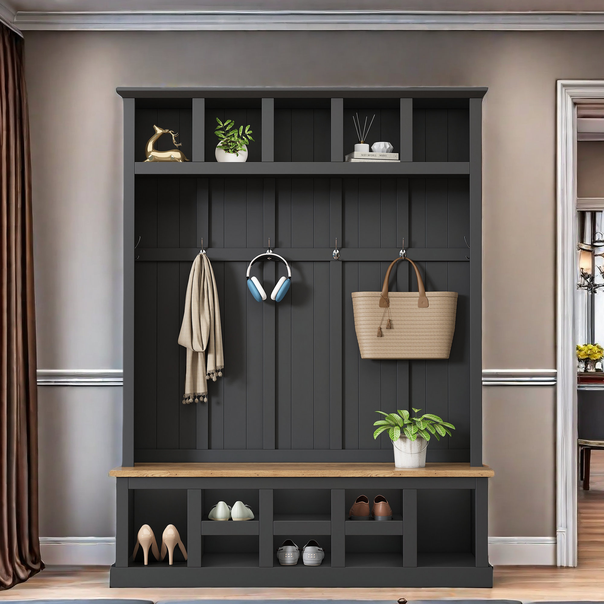 Latitude Run® Farmhouse Wooden Hall Tree With Storage Seating Bench ...