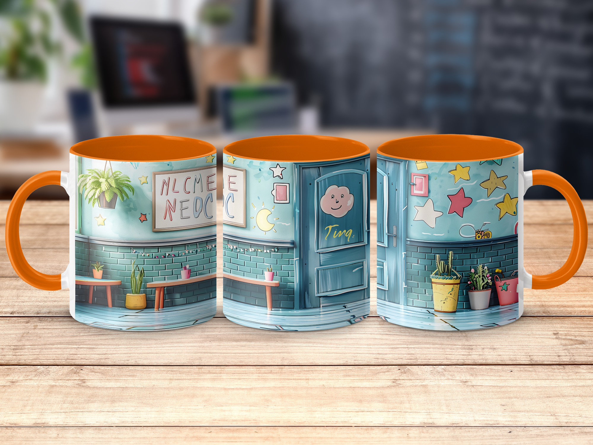 East Urban Home Set of 3 Kids Drawing Style 11oz Accent Mugs – White ...