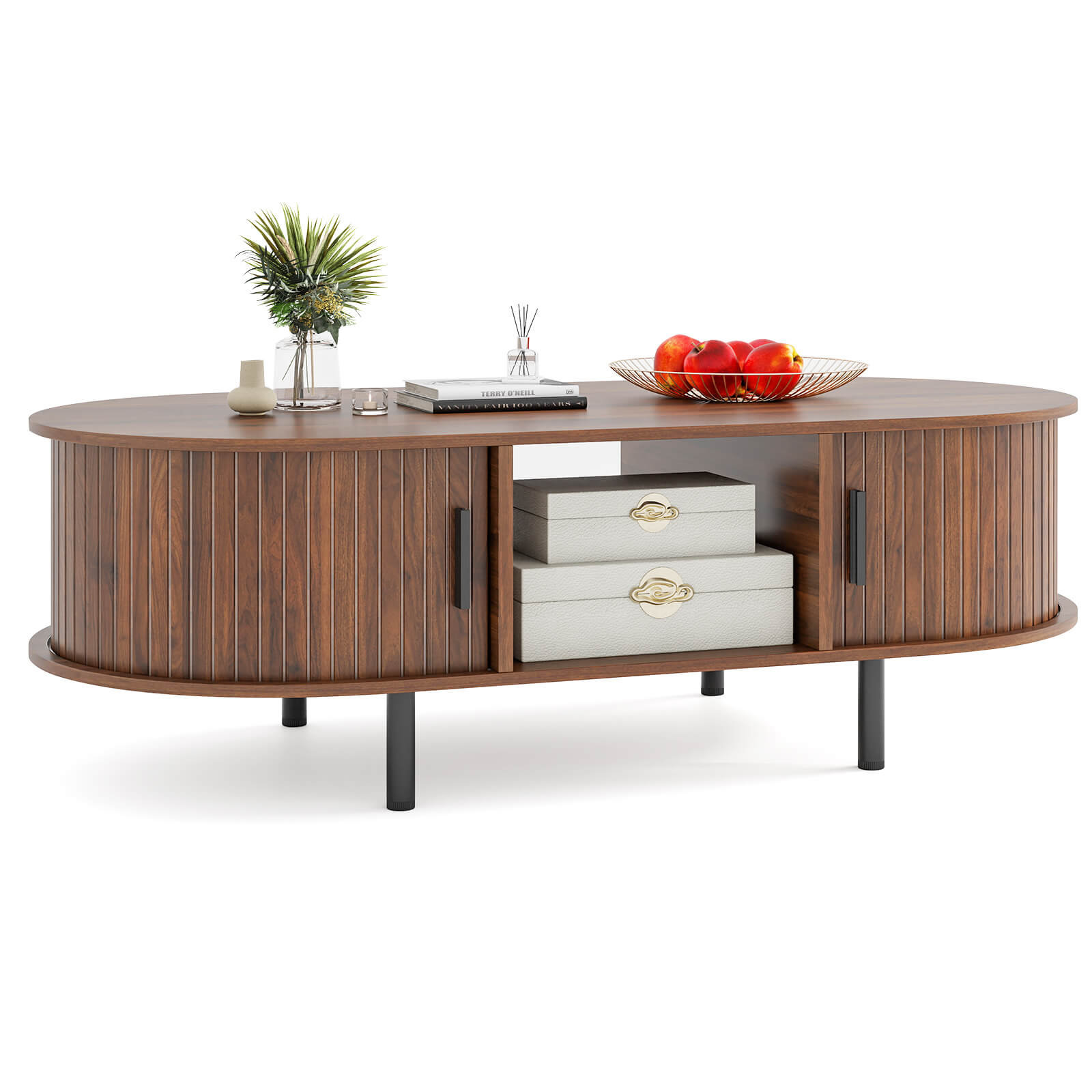 George Oliver 48" Mid Century Center Table With Sliding Fluted Doors ...