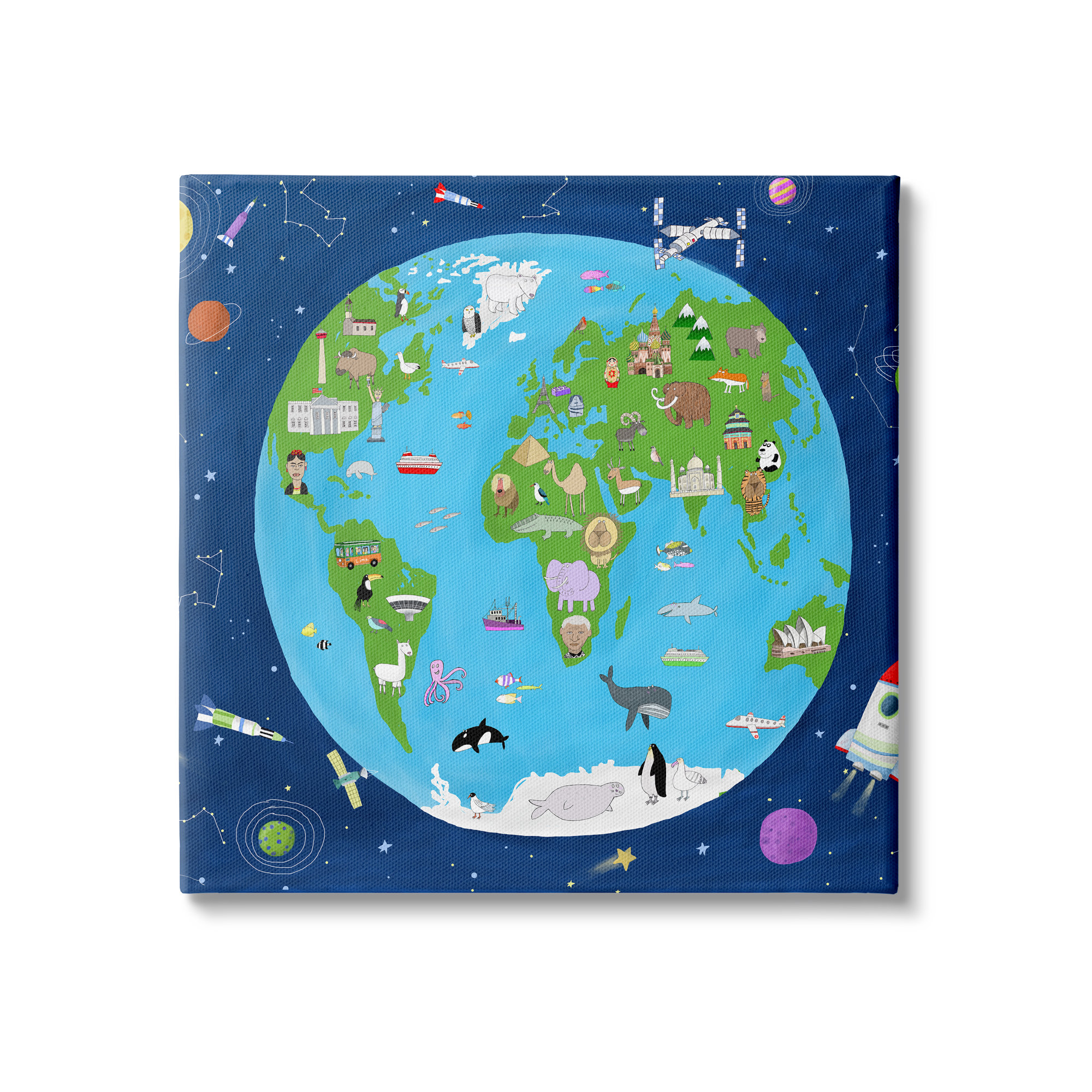 Stupell Industries Earth and Outer Space Map Animals Stars Stretched ...