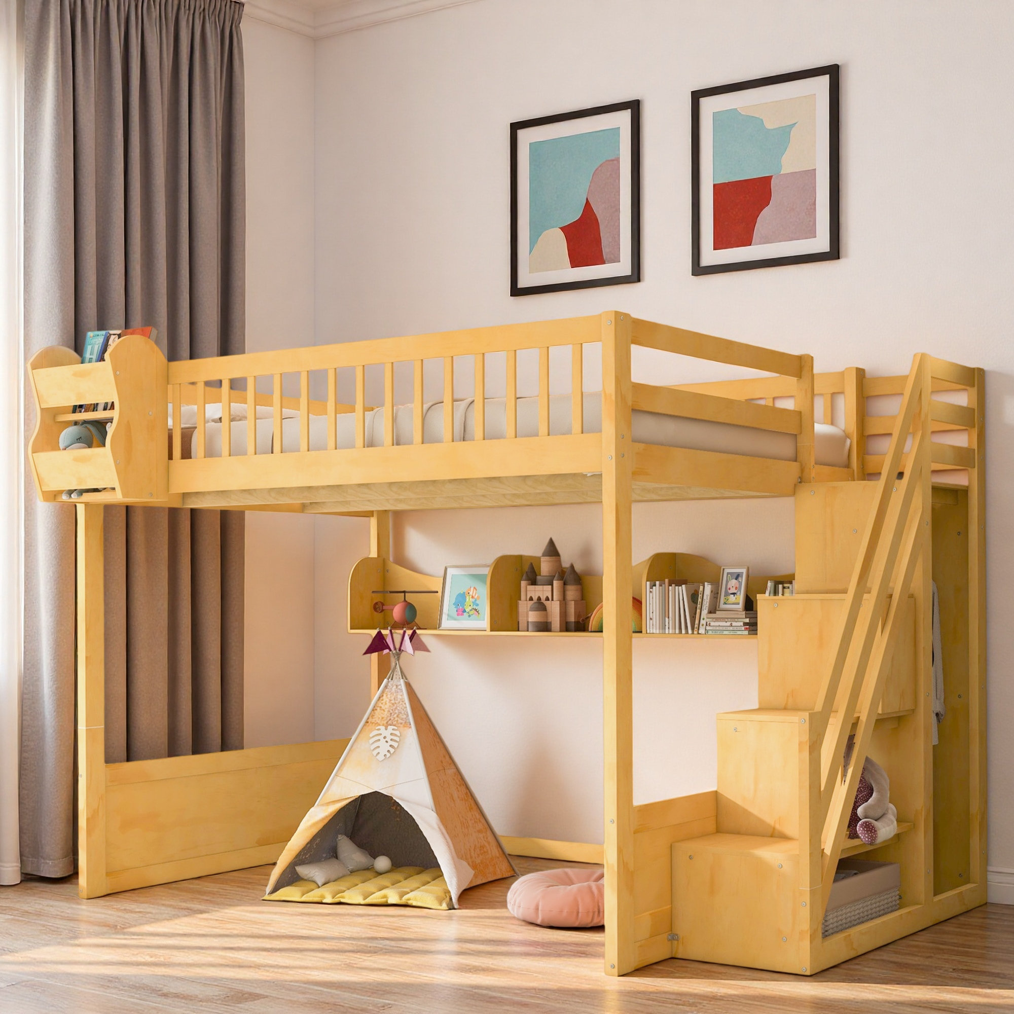 Harriet Bee Wooden Loft Bed With Wardrobe, Overhead Shelves And Storage ...