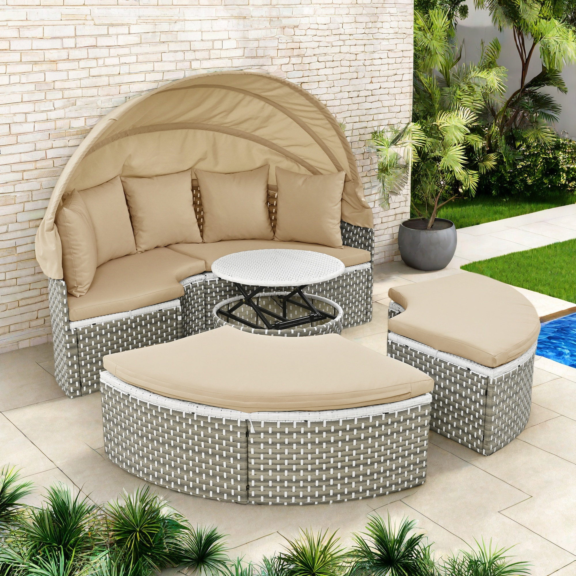 Latitude Run® Patio Furniture Round Outdoor Sectional Sofa Set Rattan ...