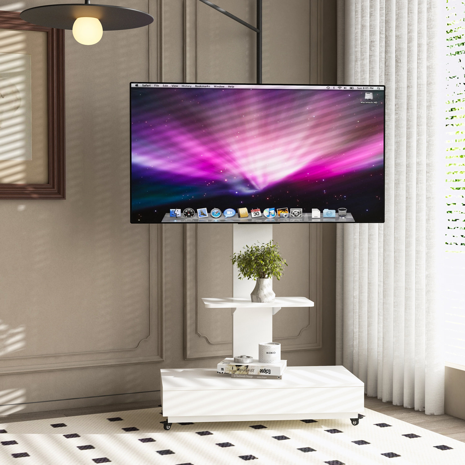 Ebern Designs TV stand with push-pull drawer, open shelf and wheels ...