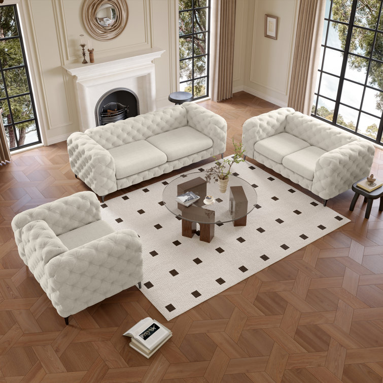 Orren Ellis 3-Piece Tufted Polyester Living Room Set with Chesterfield ...