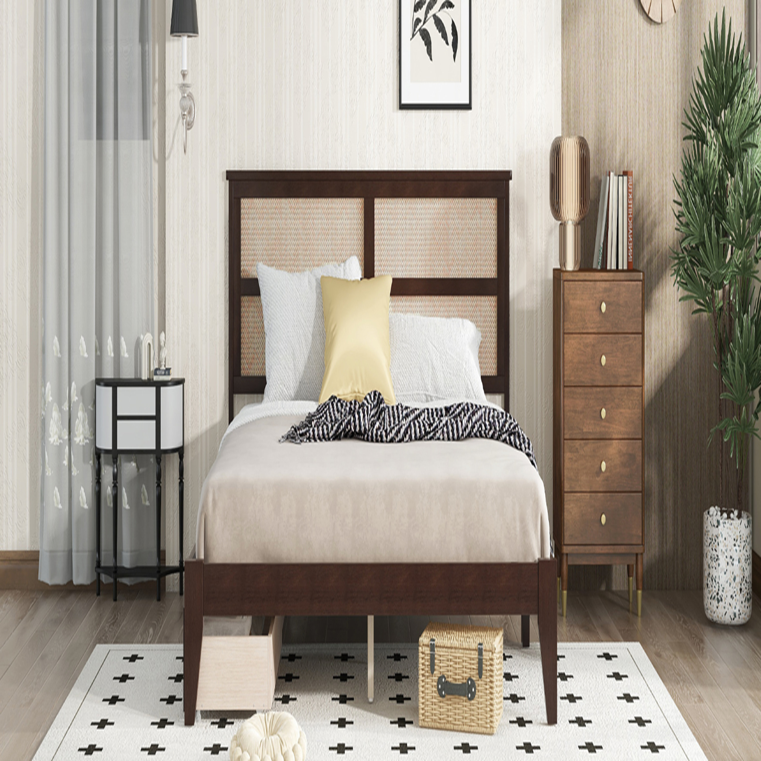 Bayou Breeze King Size Bed with Rattan Headboard, Two Storage Drawers ...