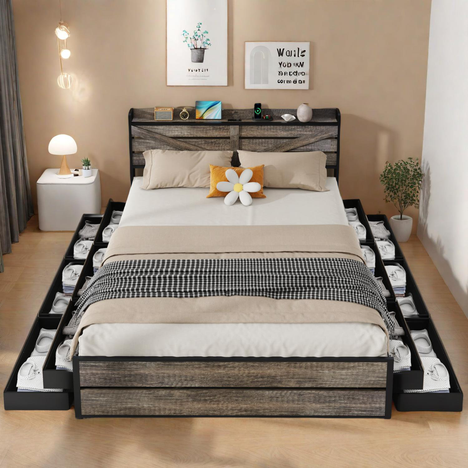 17 Stories King Bed Frame with Storage Headboard, 12 Drawers, Metal ...